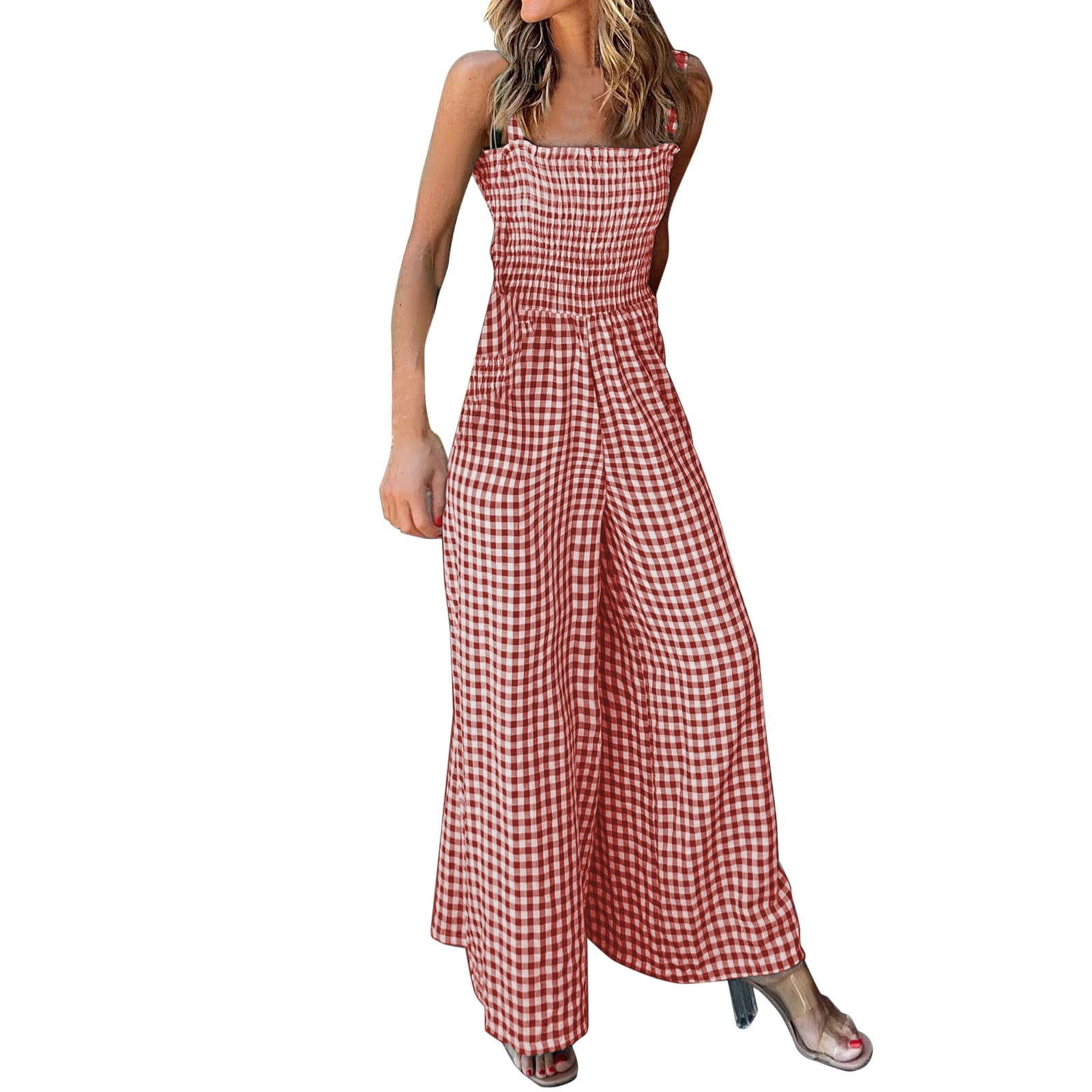 Ehqjnj Female Flare Jumpsuit Womens Casual Plaid High Waisted Pants Suspender Jumpsuits