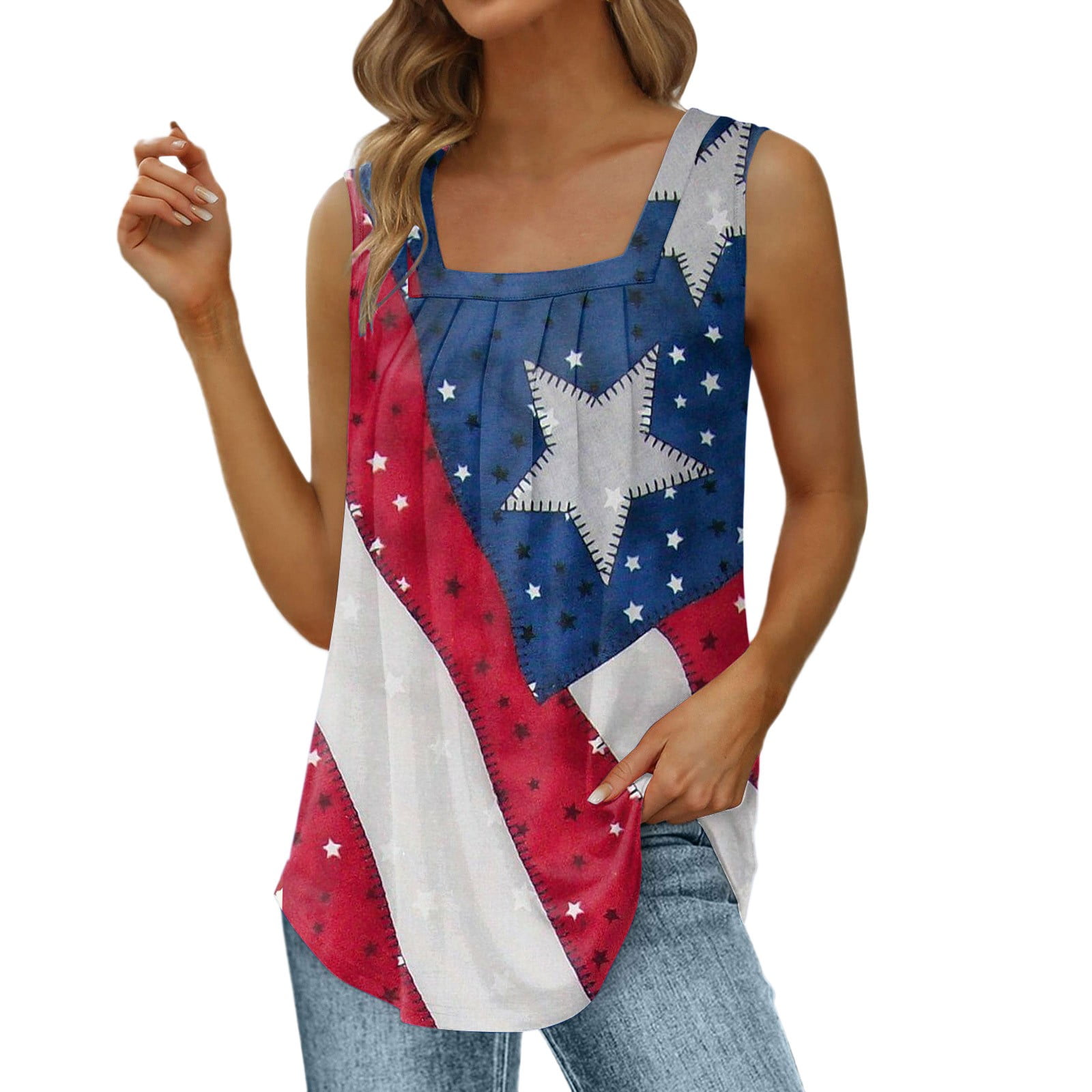 Ehqjnj Female July 4th Summer Vest Loose Pleated Square Neck Sleeveless