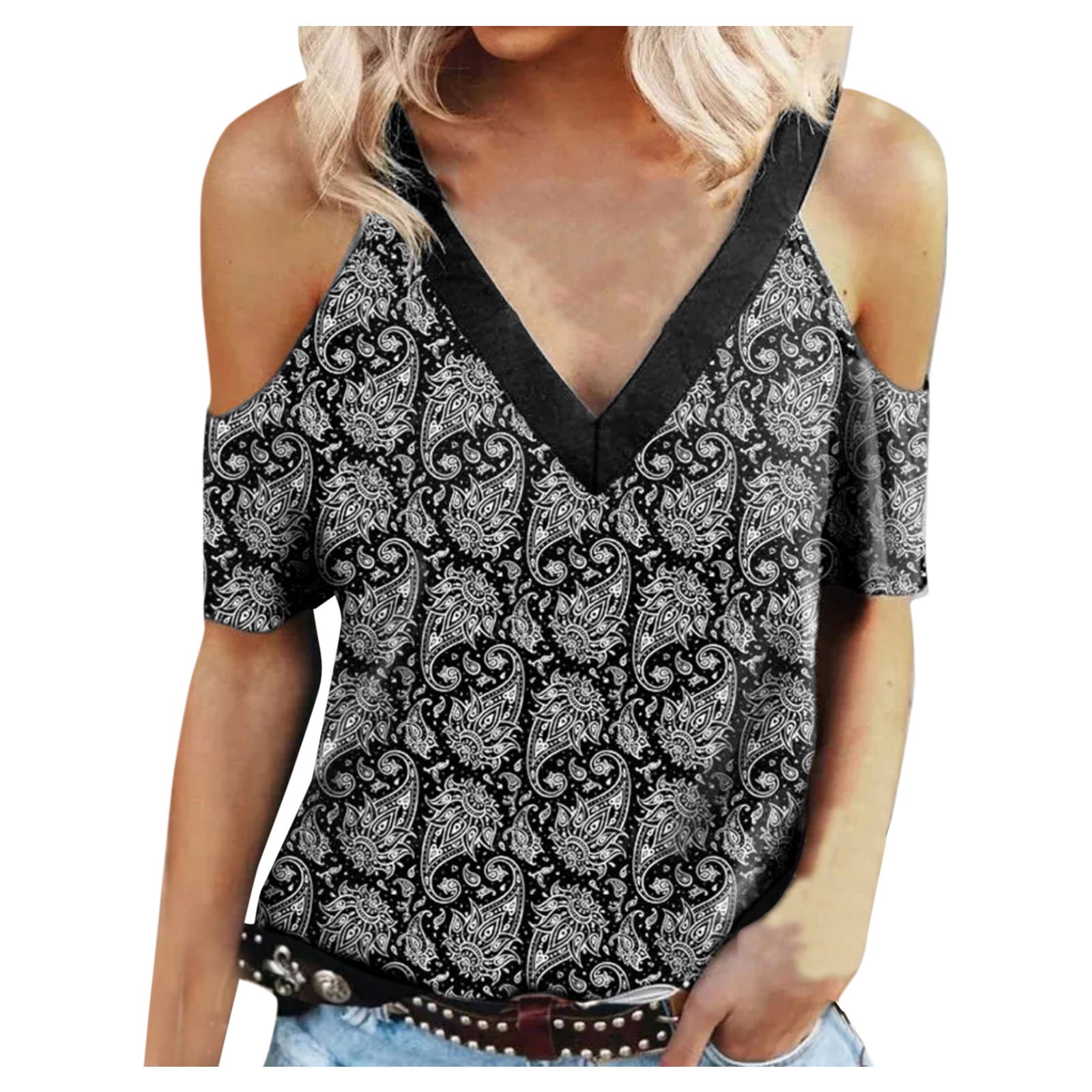 Ehqjnj Female Layering Tops For Women Womens Sexy V Neck Collar Night Sky Printed Short Sleeve