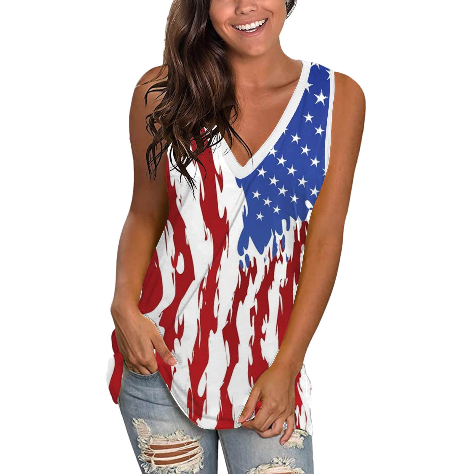 Ehqjnj Female Patriot Day Women Summer Usa Flag Prints Tank Tops Basic