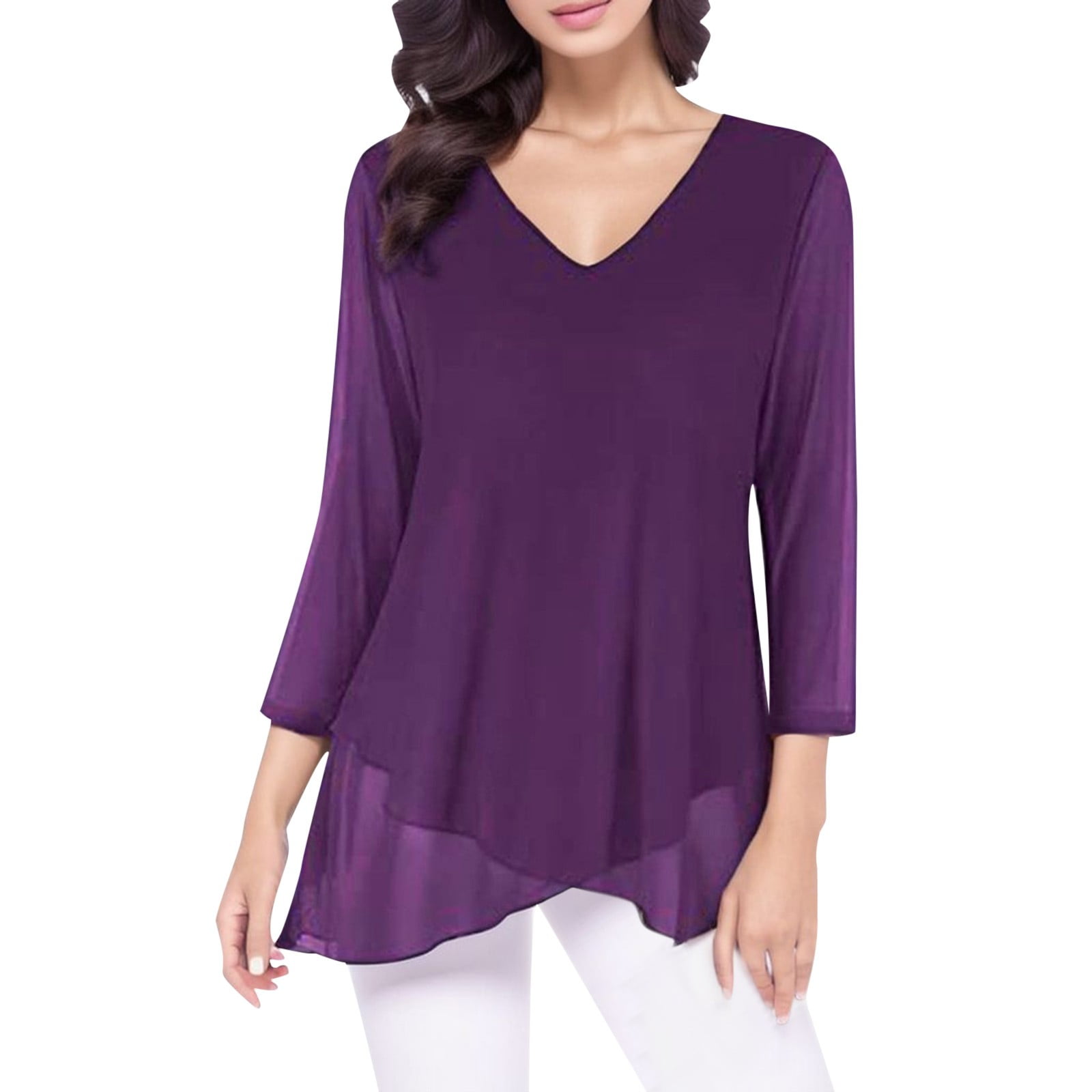 EHQJNJ Female T Shirts for Women V Neck Pack Womens Dressy 3/4 Sleeve ...