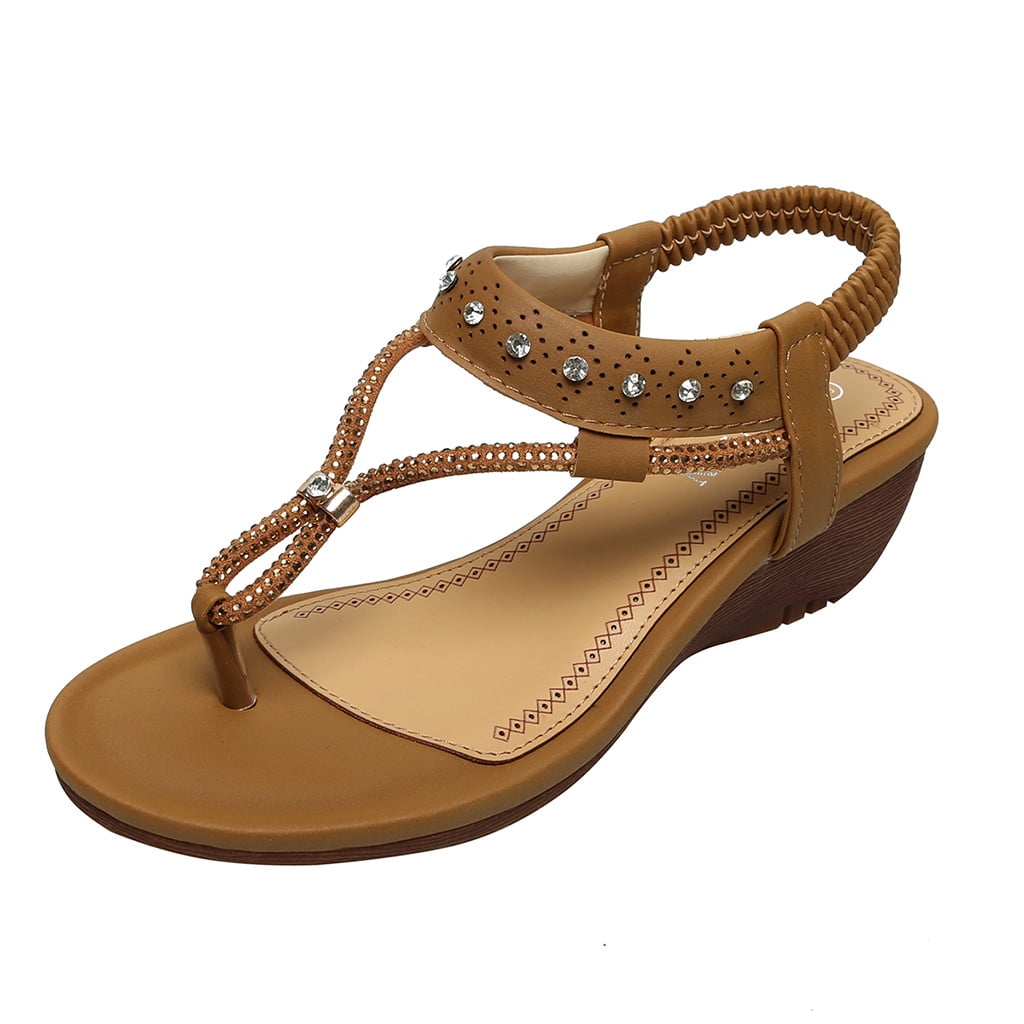 Ehqjnj Female Wedge Sandals Wide Width Women Ladies String Bead Casual