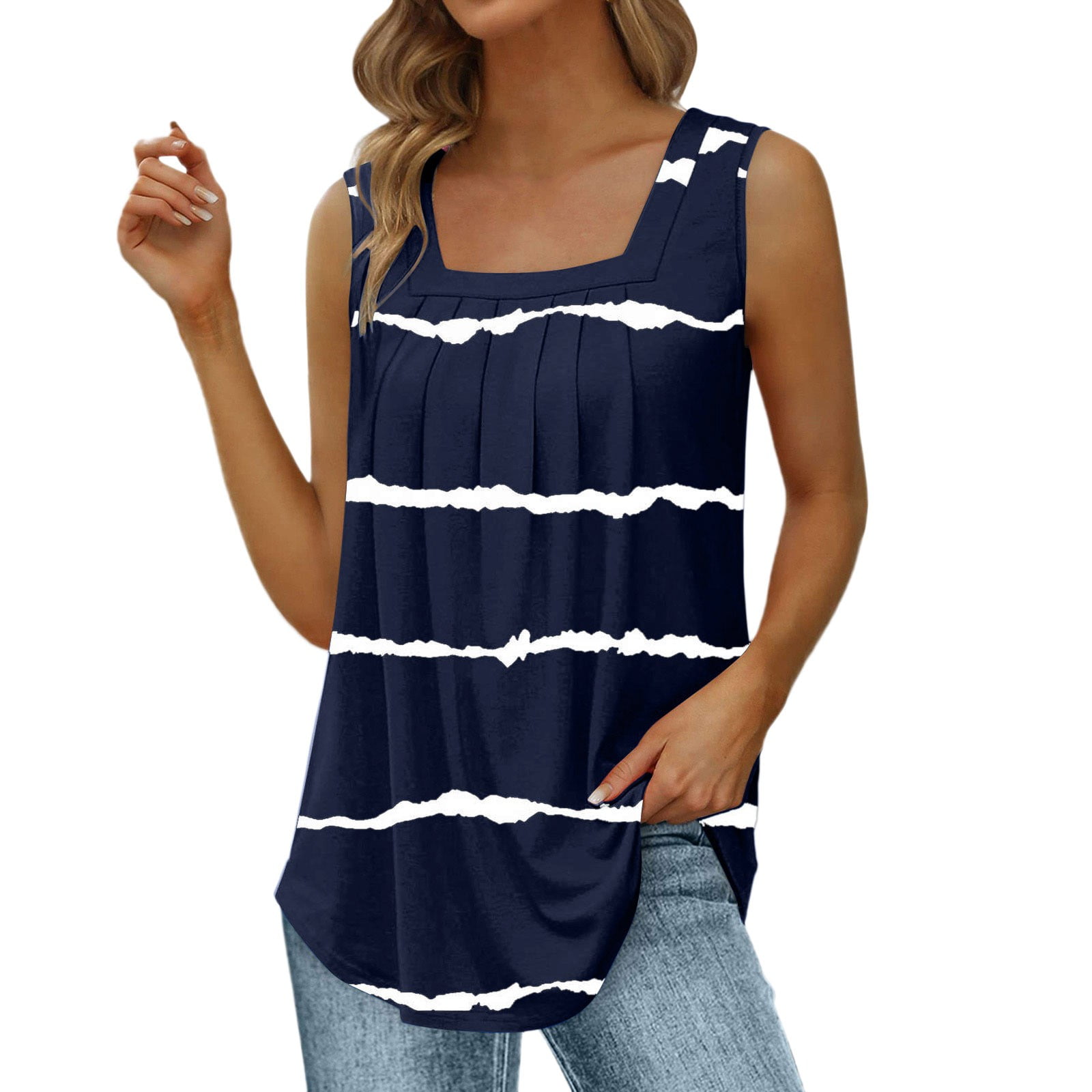 Ehqjnj Female Womens Tunic Tops Summer Vest Loose Pleated Square Neck