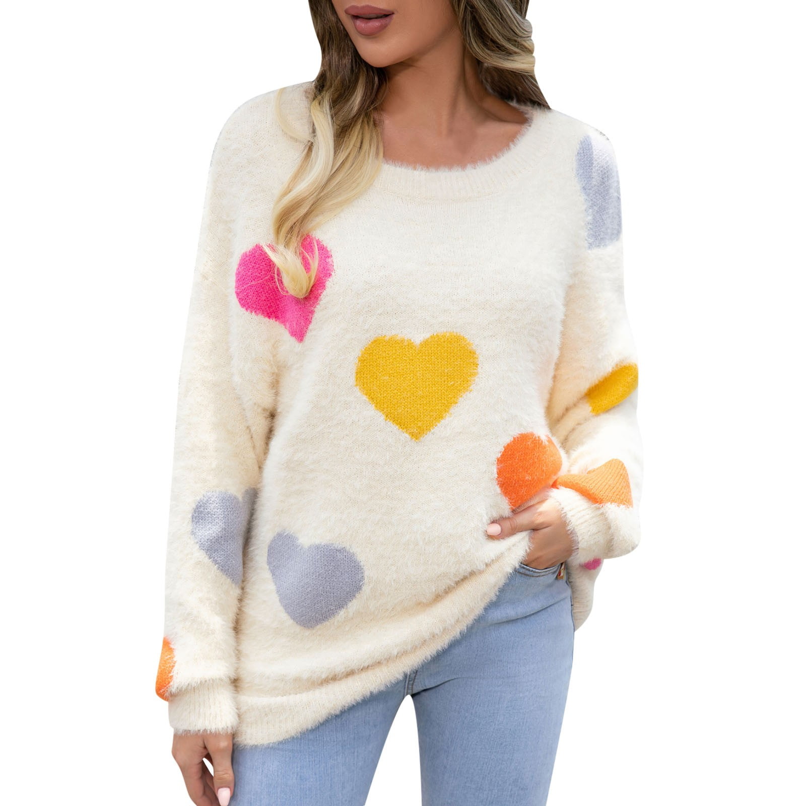 EHQJNJ Heart Sweater Women Print Valentine's Day Round Neck Knitting ...