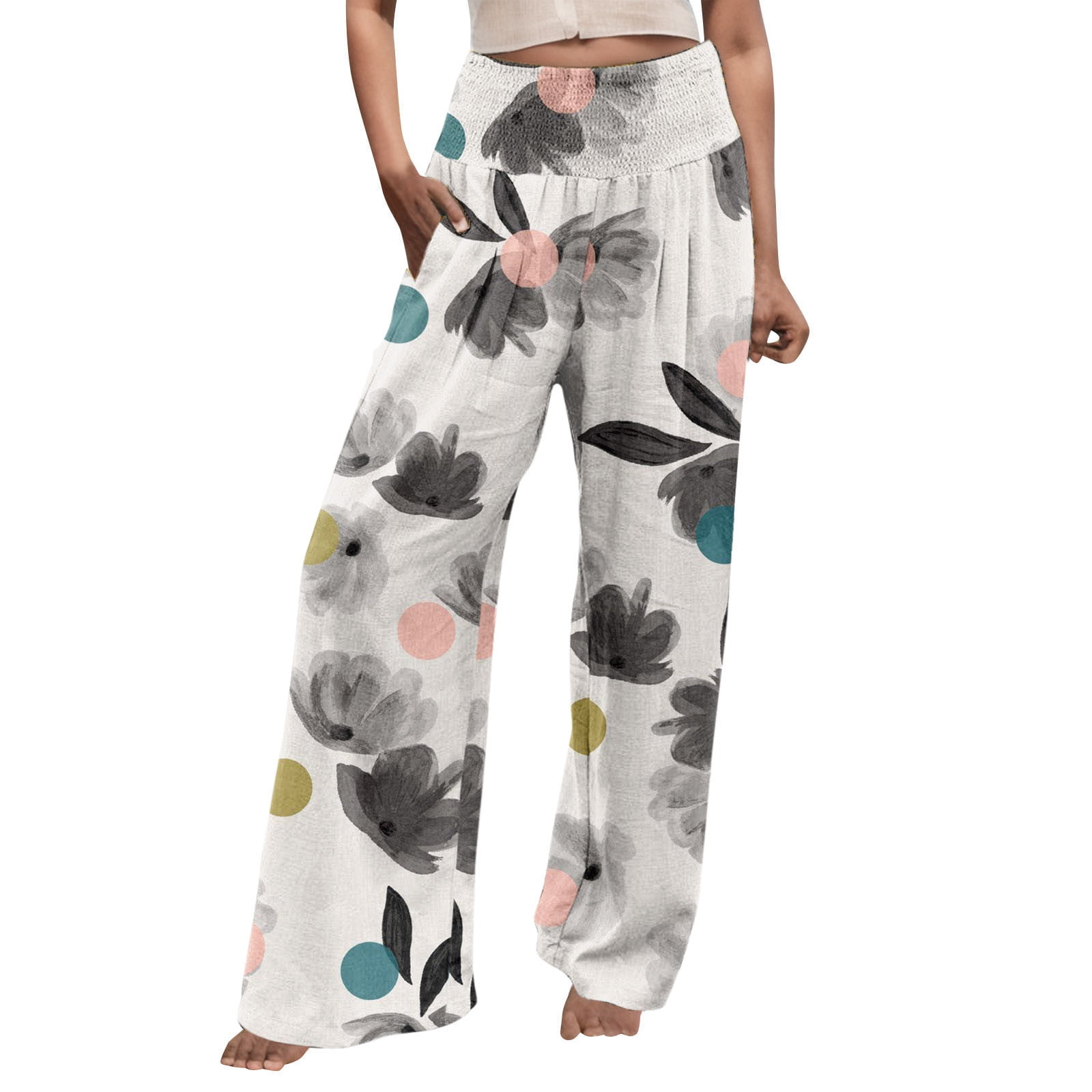 EHQJNJ High Waisted Slacks for Women Long Print Wide Leg Pants Elastic ...