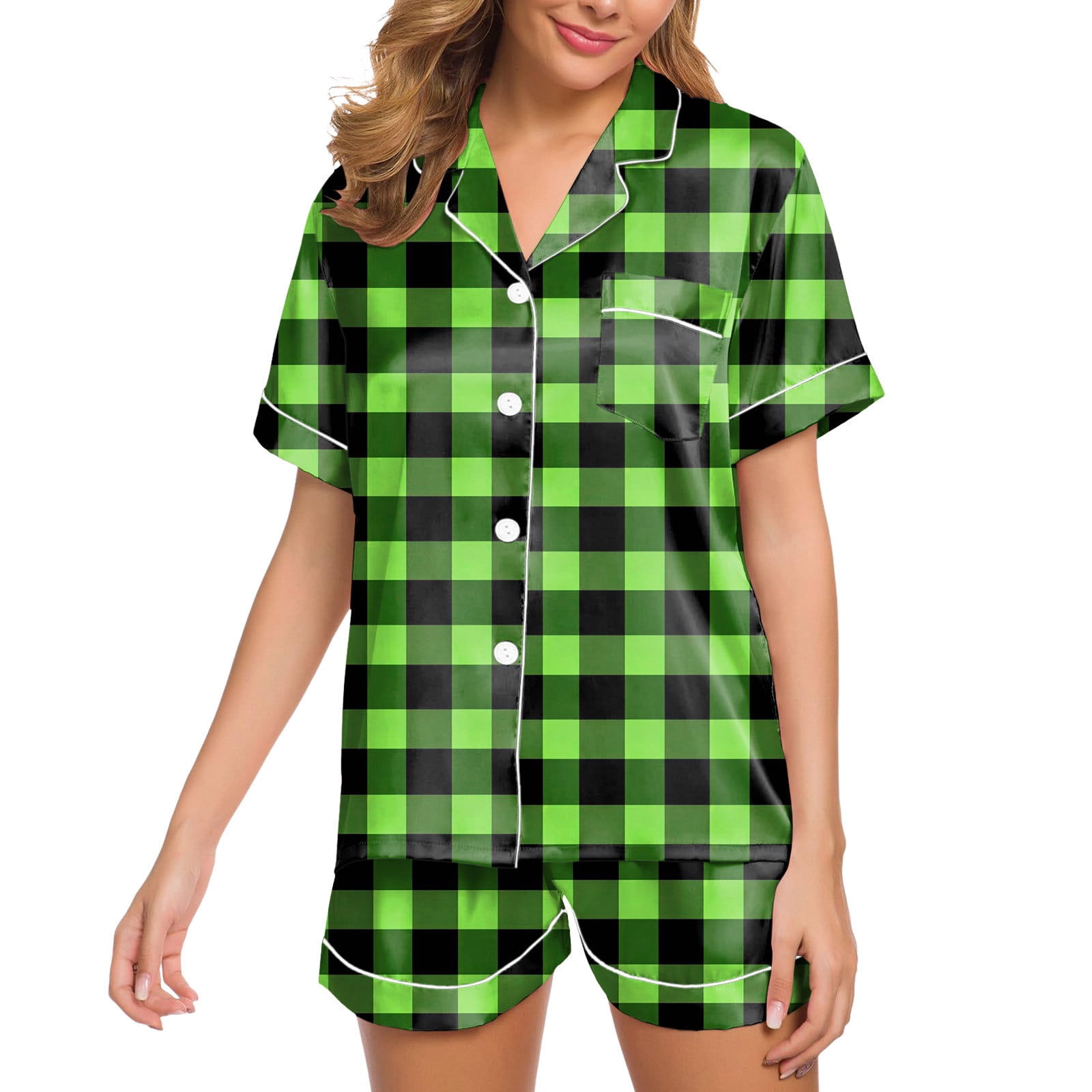 EHQJNJ Preppy Pajamas Womens Silk Satin Pajamas Set Two Piece Pj Sets ...