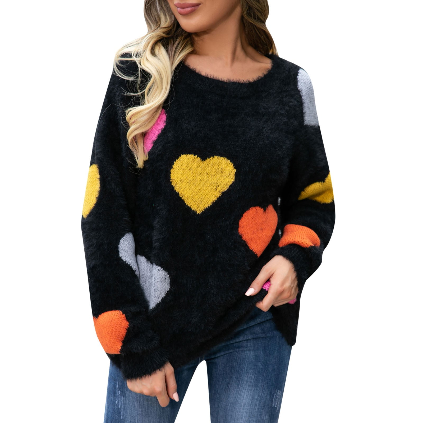 EHQJNJ Valentines Day Sweater Women Heart Print Round Neck Knitting ...