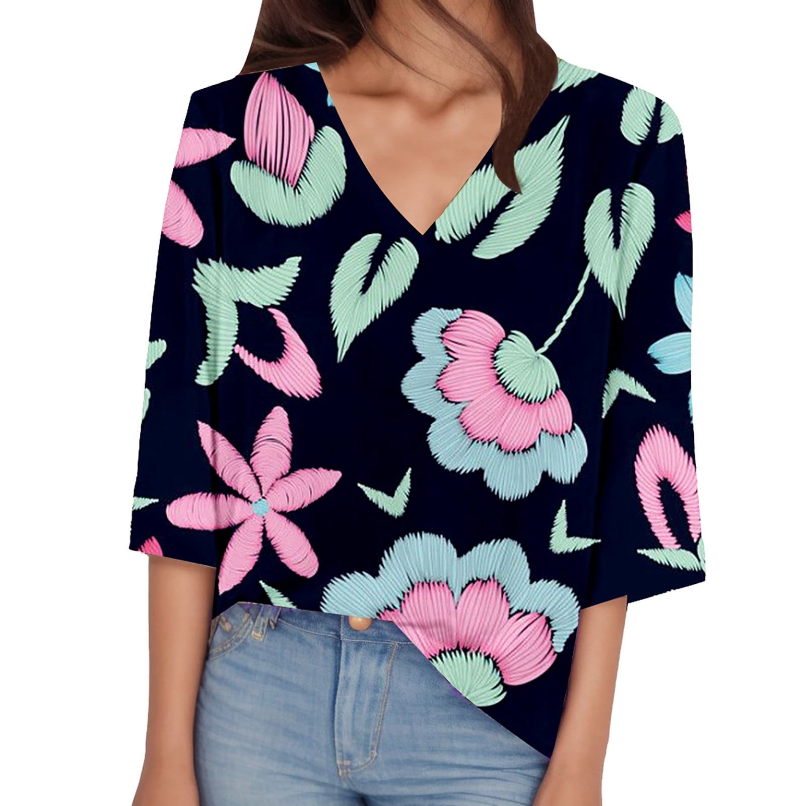 Ehqjnj White Blouse For Women Womens Dark Floral Print V Neck 3 4