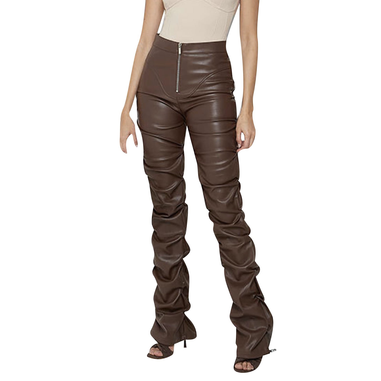 Ehqjnj Womens Pants Tall Long Faux Leather Ruched Pants Low Waist Skinny Pu Leather Stacked