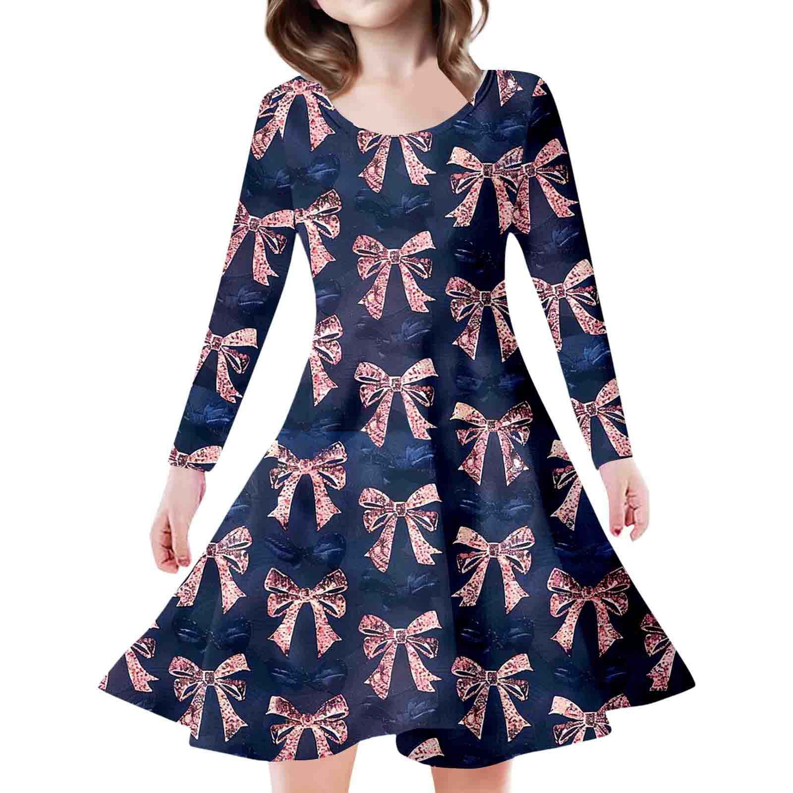 EHRWE Girls Dress Casual Girl Child Long Sleeve Crew Neck Bow Print ...