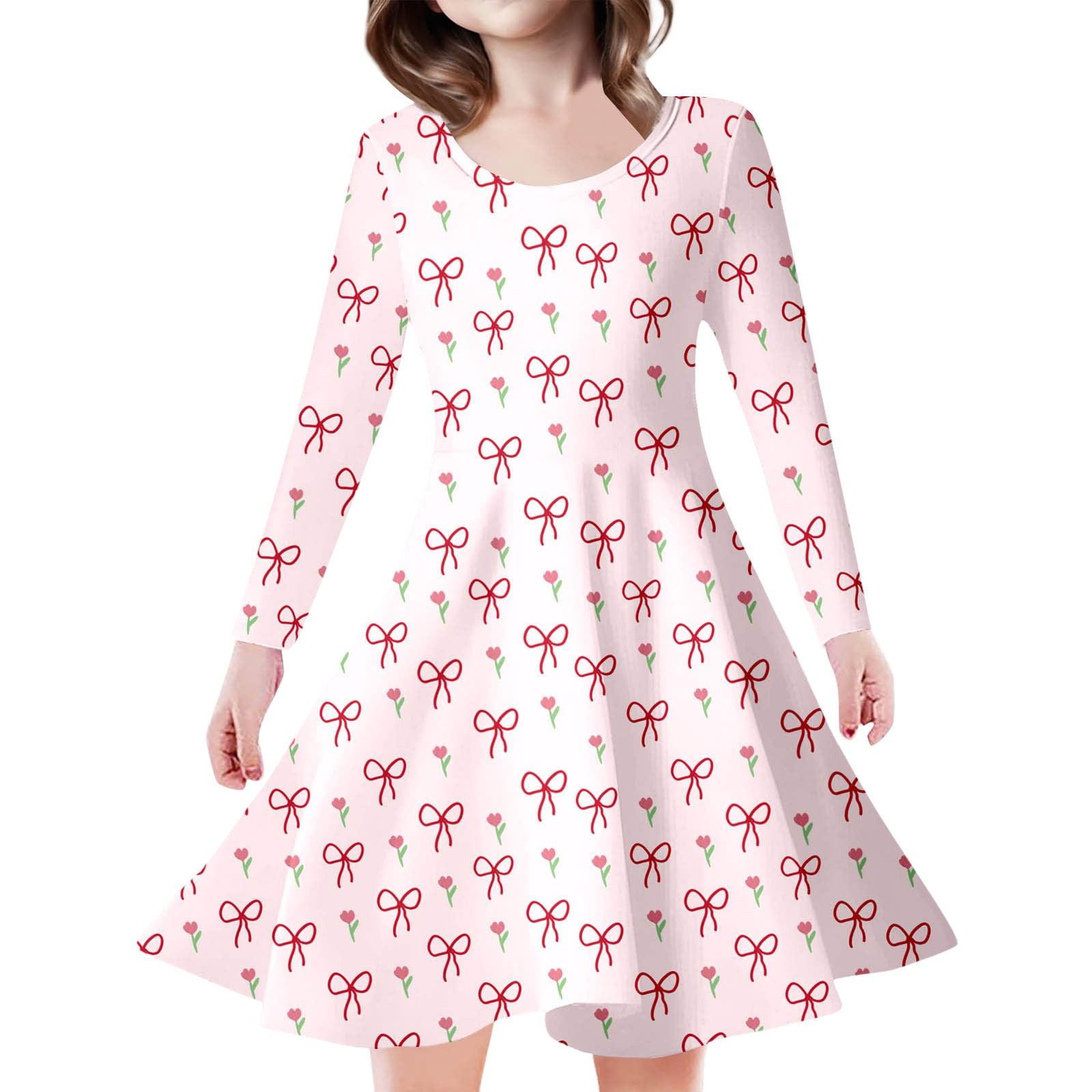 EHRWE Girls Dresses Long Sleeve Crewneck Floral Print Party Dress For ...