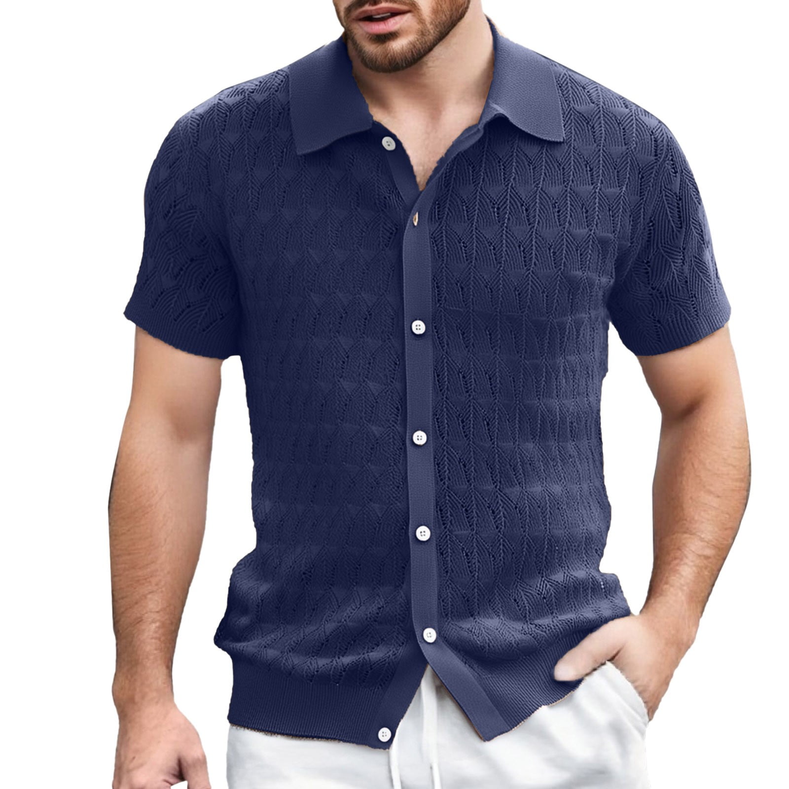 EHRWE Mens Shirts Solid Color Knitted Lapel Male Casual Business ...