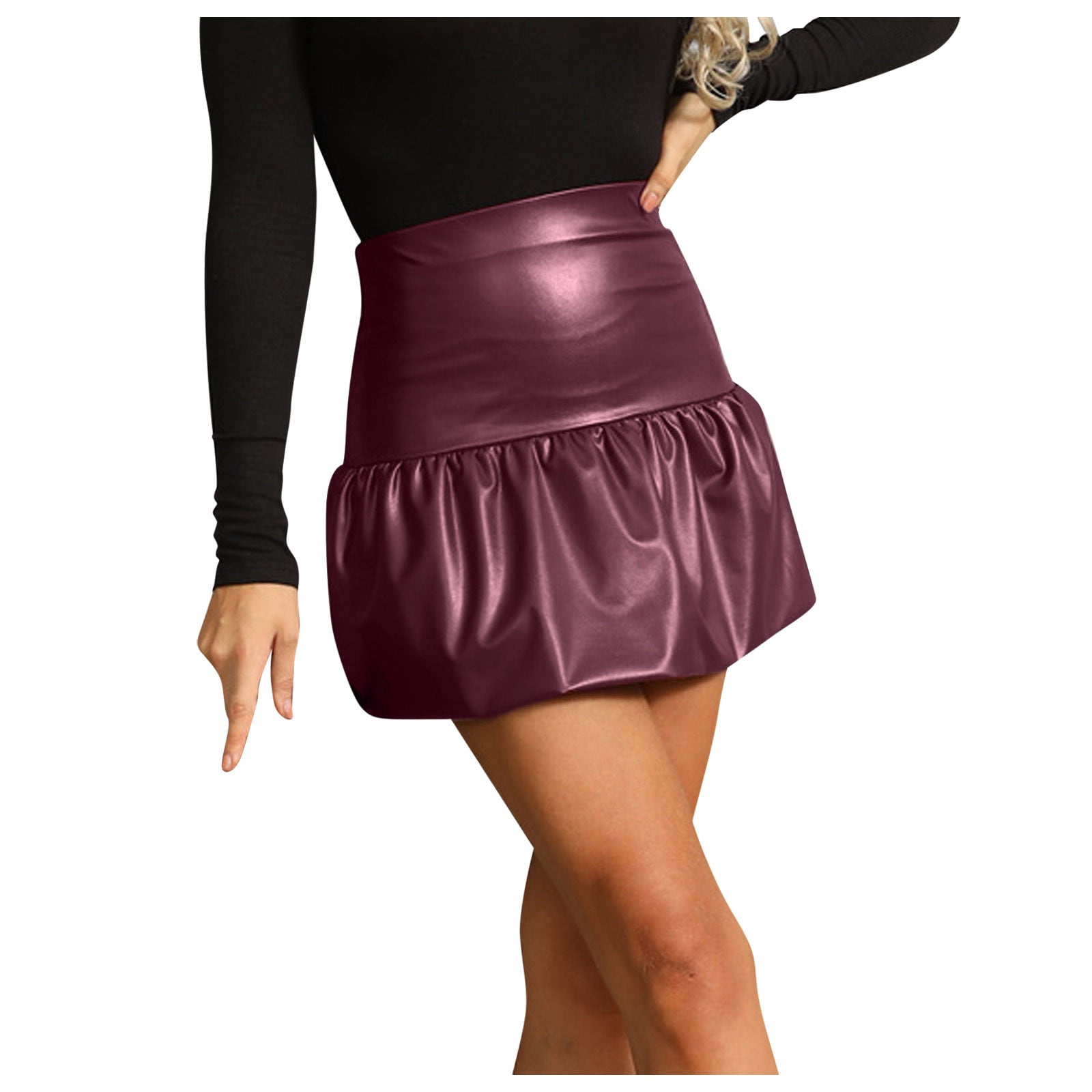 EHRWE Women's Skirt Puffy Skirt Pu-Leather Skirt High Waist Full Belly ...