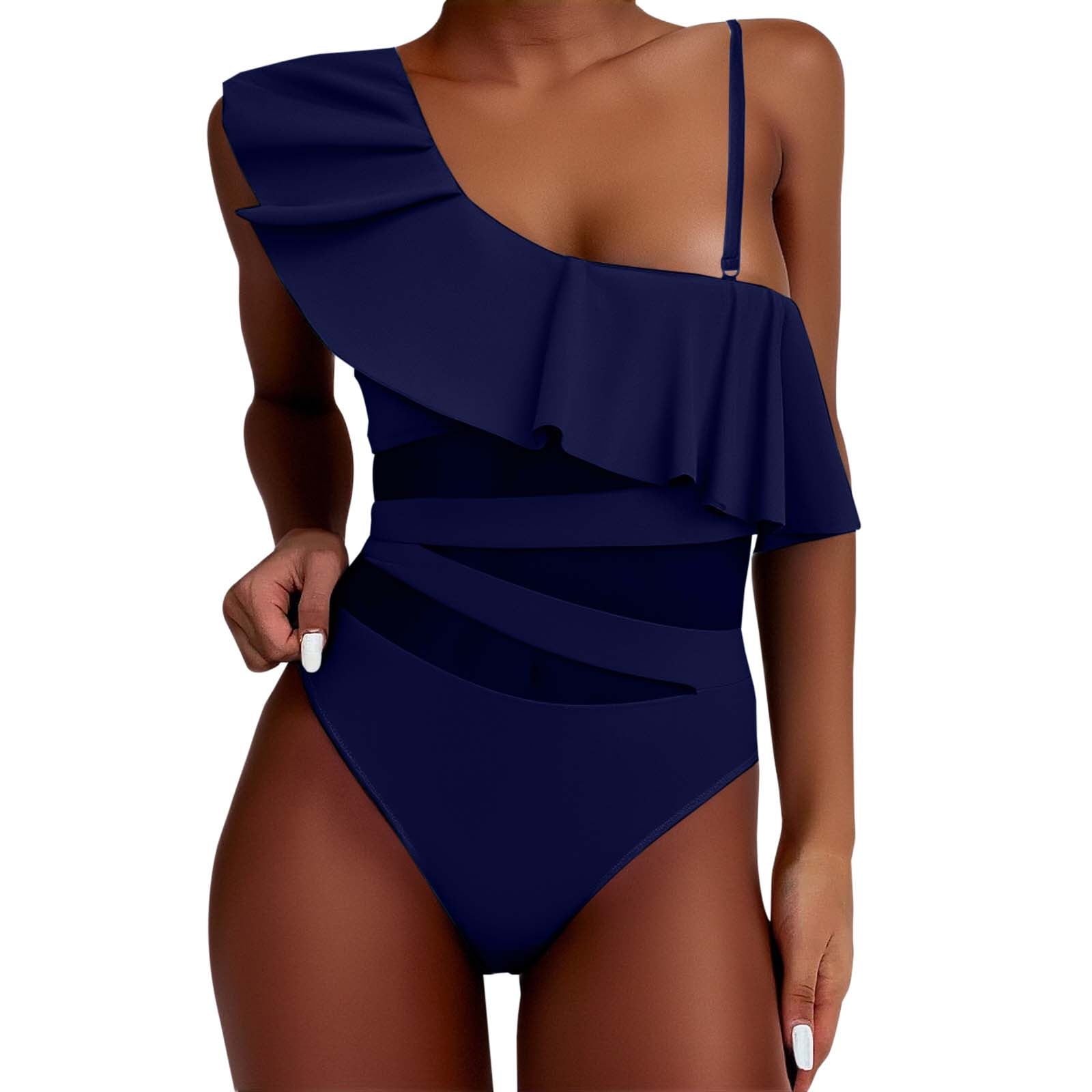 EHRWE Womens One Piece Swimsuit Ruffle Side One Shoulder Mesh Hollow ...
