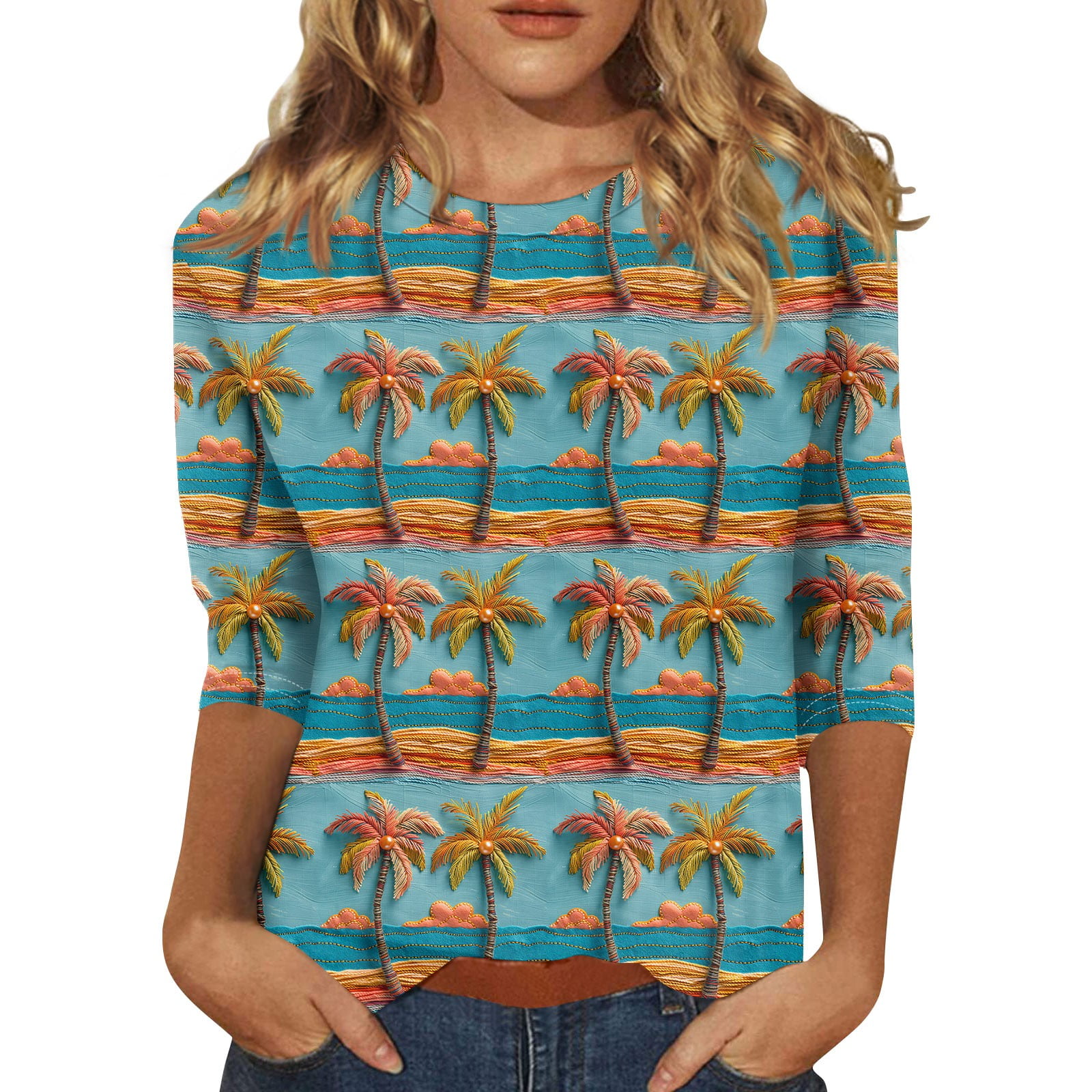 EHTMSAK Boho Shirts for Women 3/4 Sleeves Hawaiian Tropical Elbow Crew ...