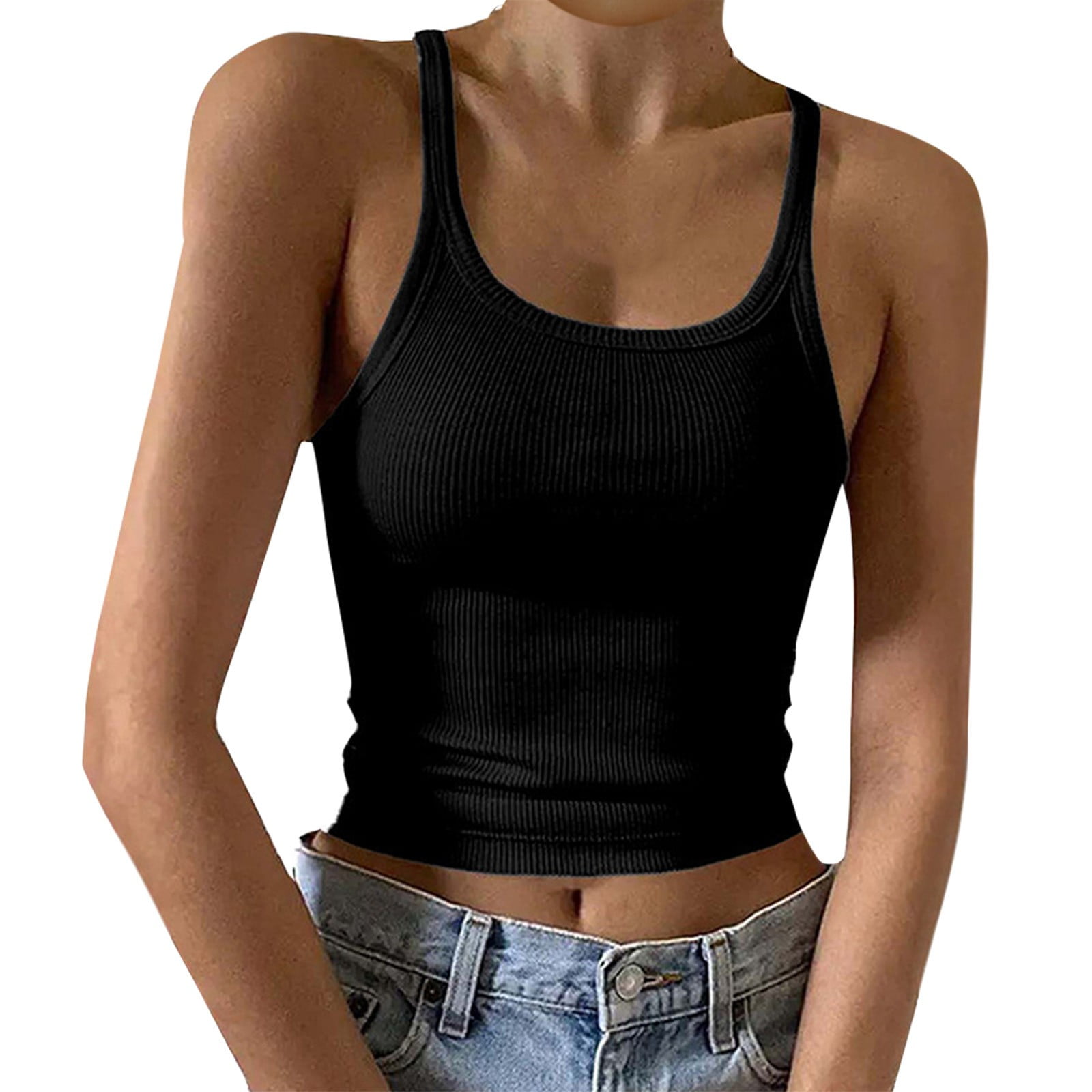 EHTMSAK Crop Tank Tops for Women Ribbed Square Neck Spaghetti Straps ...