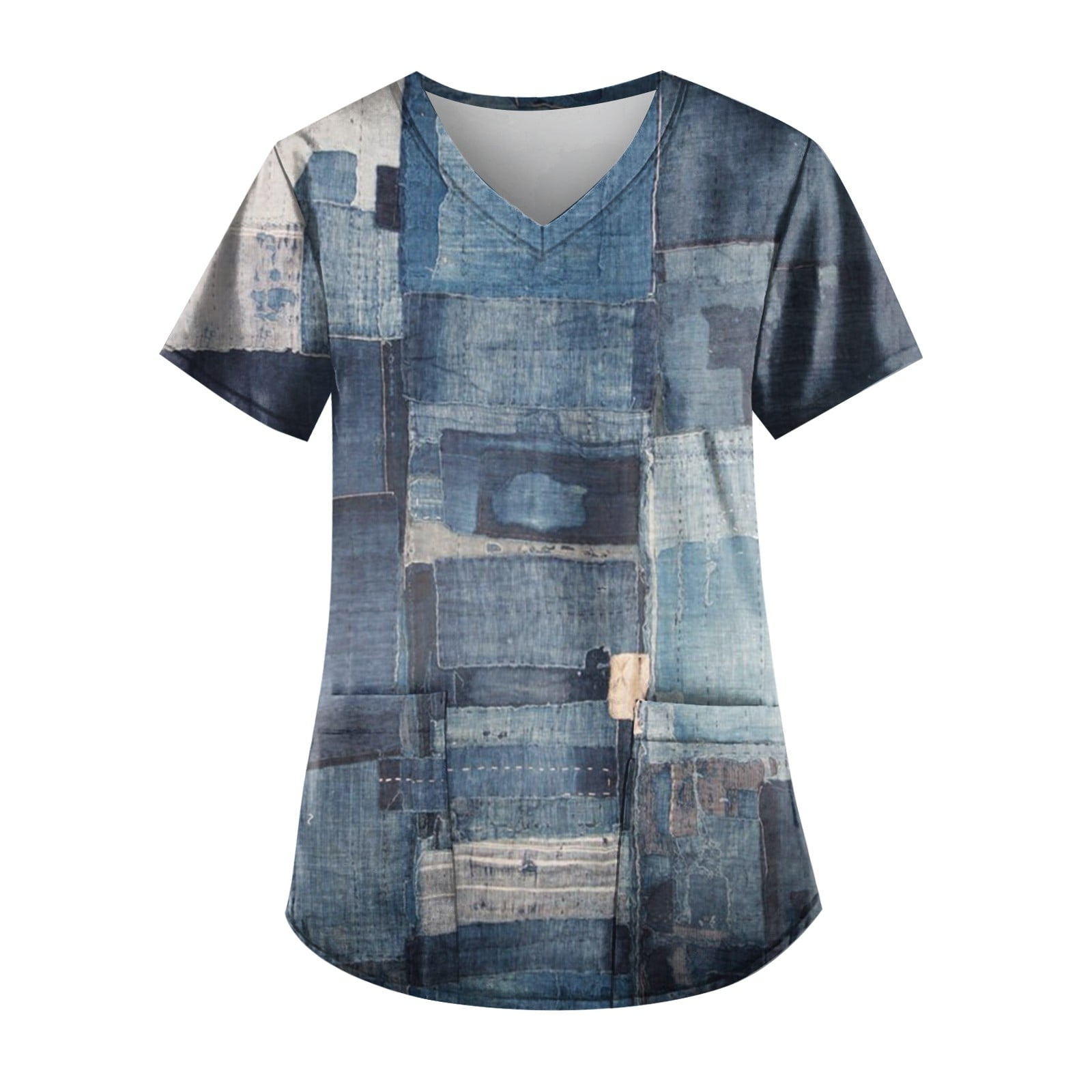 EHTMSAK Denim Print Scrubs Sets for Women Petite Color Block V Neck ...