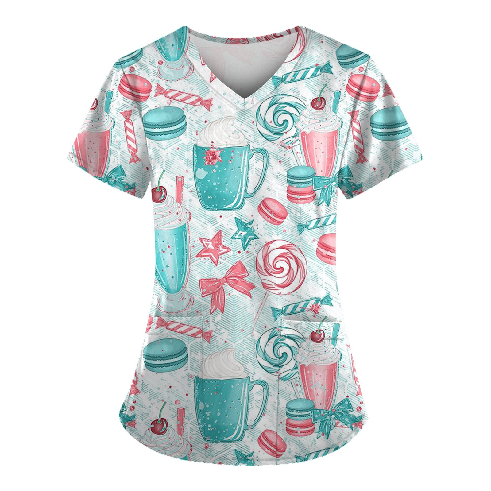 EHTMSAK Doughnut Scrubs Top for Women Cartoon V Neck Nurse Casual Shirt ...