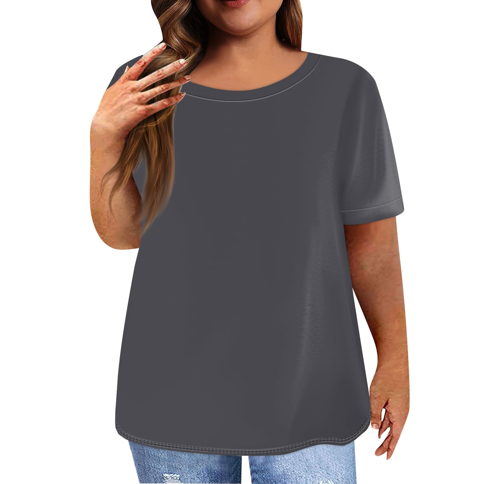 EHTMSAK Dressy Womens Tops Plus Size Solid Tee Shirts Clearance Crew ...