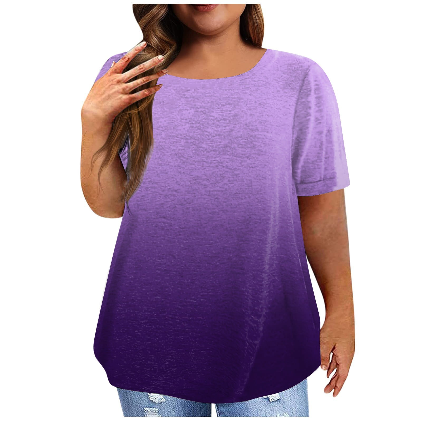 EHTMSAK Dressy Womens Tops Plus Size Solid Tee Shirts Clearance Crew ...