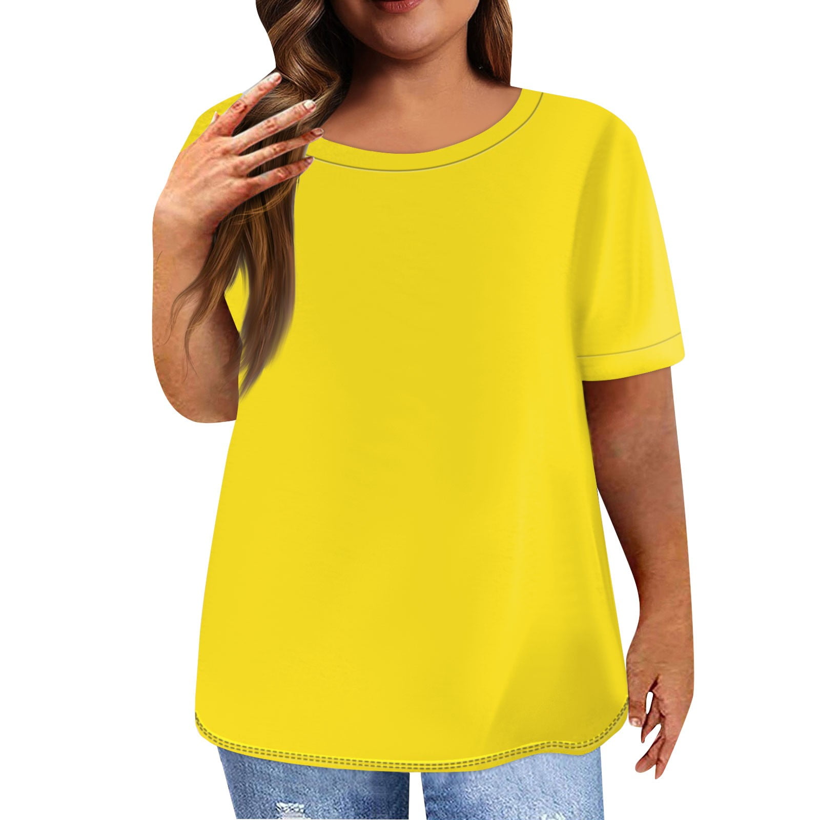 EHTMSAK Dressy Womens Tops Plus Size Solid Tee Shirts Clearance Crew ...