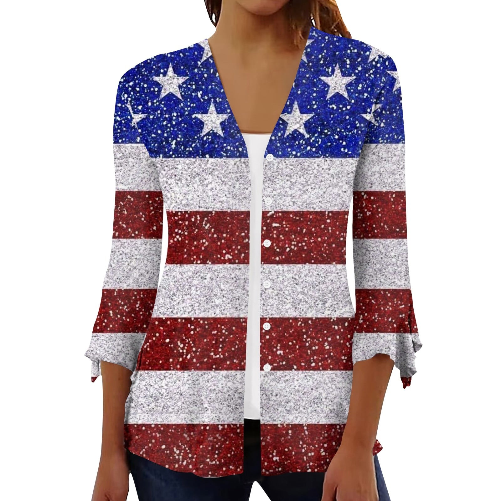 Ehtmsak Independence Day Cotton Cardigans For Women 34 Sleeve 4th Of July Flag Freedom