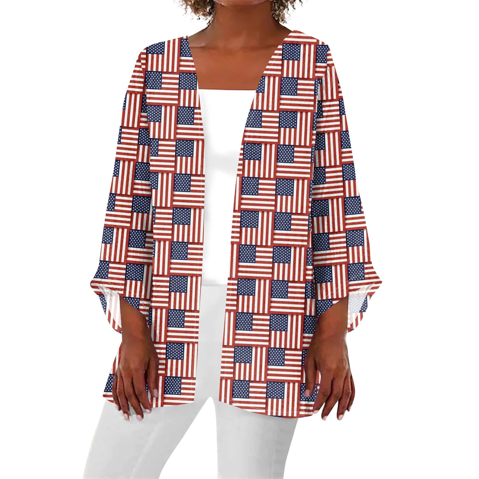 Ehtmsak Independence Day Cotton Cardigans For Women 34 Sleeve 4th Of July Flag Freedom