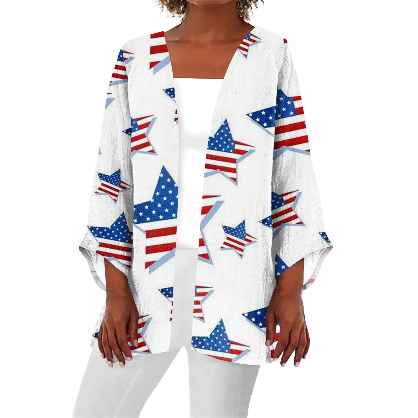 Ehtmsak Independence Day Cotton Cardigans For Women 34 Sleeve 4th Of July Flag Freedom