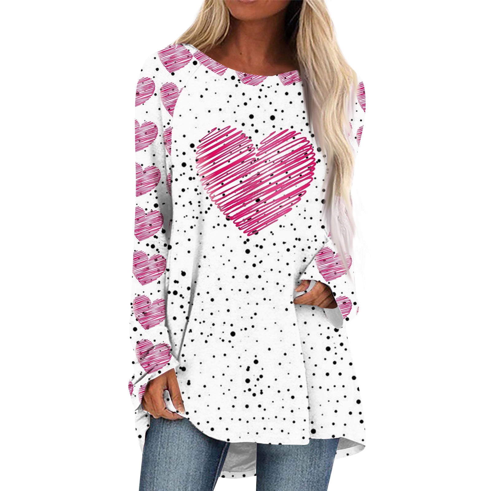 Ehtmsak Long Sleeve V Neck Shirts For Women Pink Valentines Day Crew Neck Heart Long Sleeve