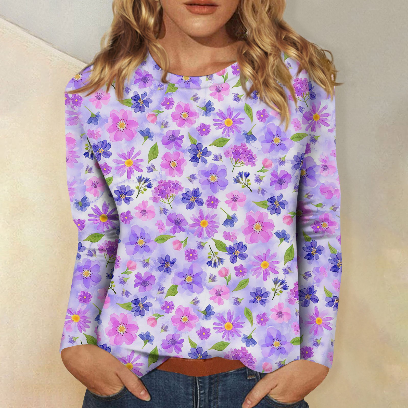 EHTMSAK Long Sleeved Shirts Womens Floral Royal Cyan Shirt Women Crew ...