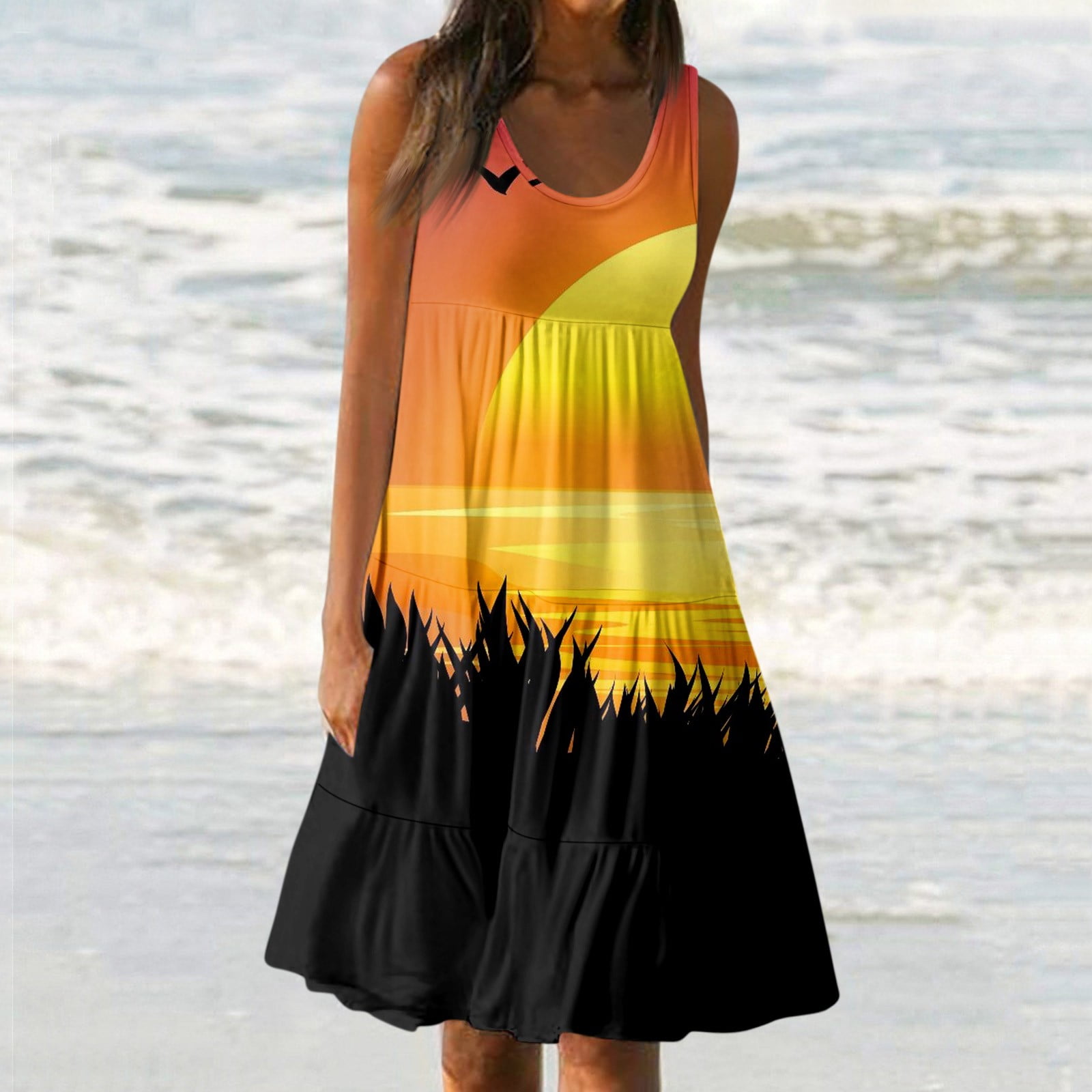 EHTMSAK Modest Summer Dresses for Women Beach Crew Neck Tank Hawaiian ...