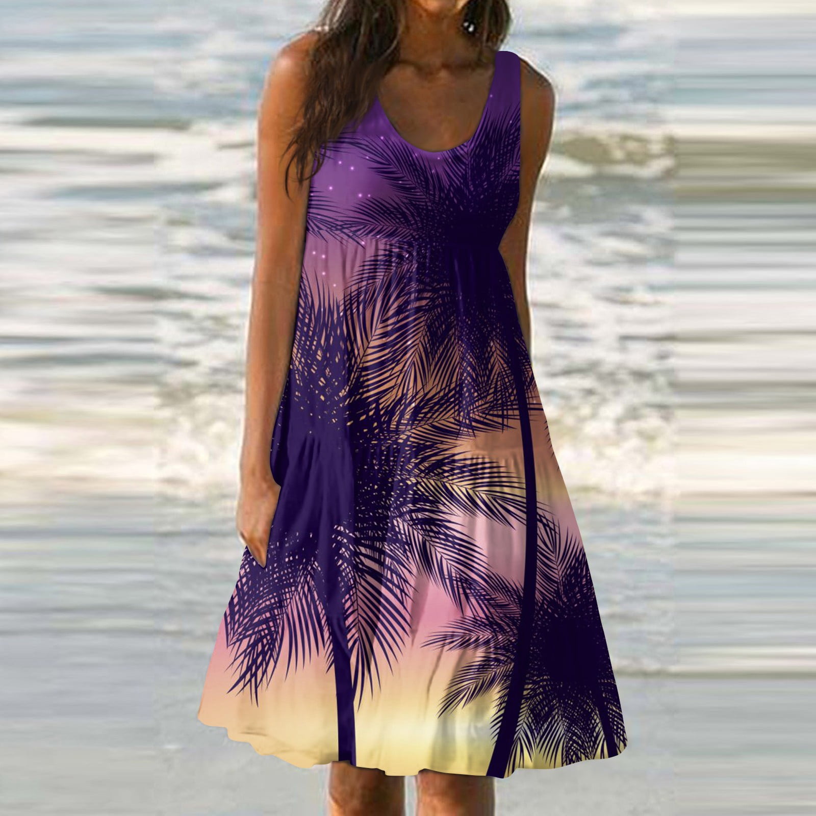 EHTMSAK Modest Summer Dresses for Women Beach Hawaiian Tropical Palm ...