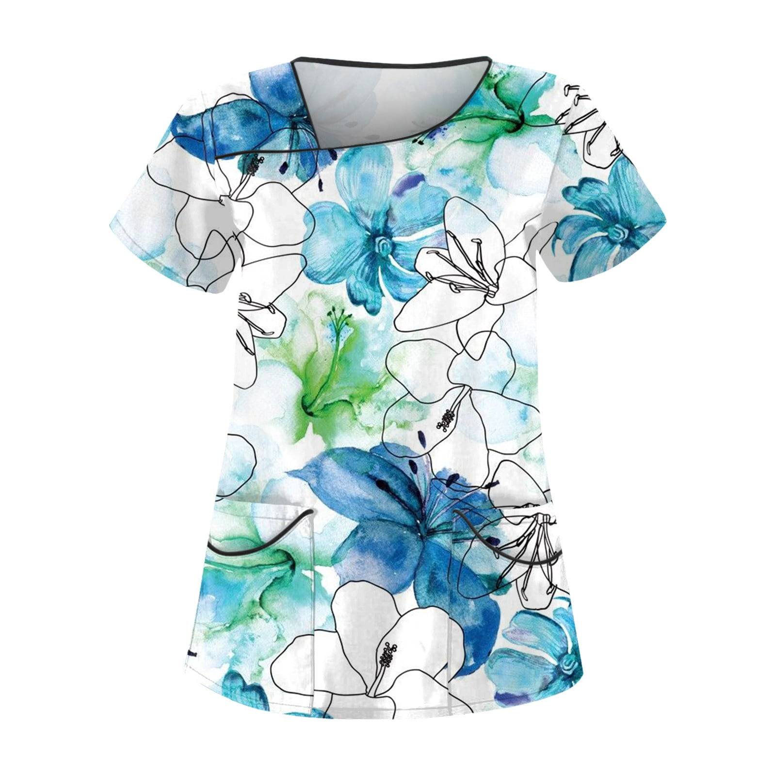 EHTMSAK Nurse Tops Scrubs for Women Floral with Pocket Short Sleeve V ...