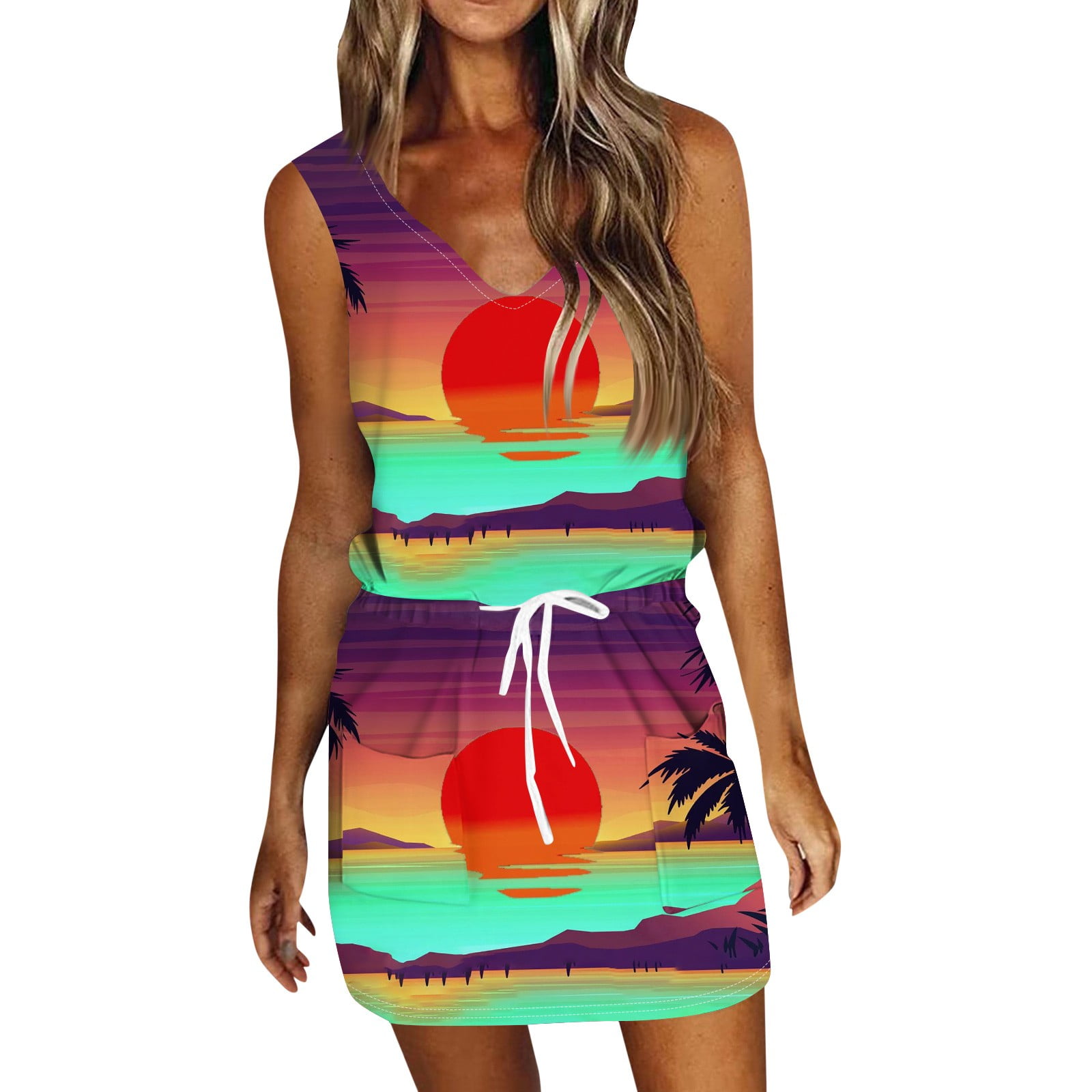 Ehtmsak Plus Size Dresses For Curvy Women Summer Beach Drawstring Crew