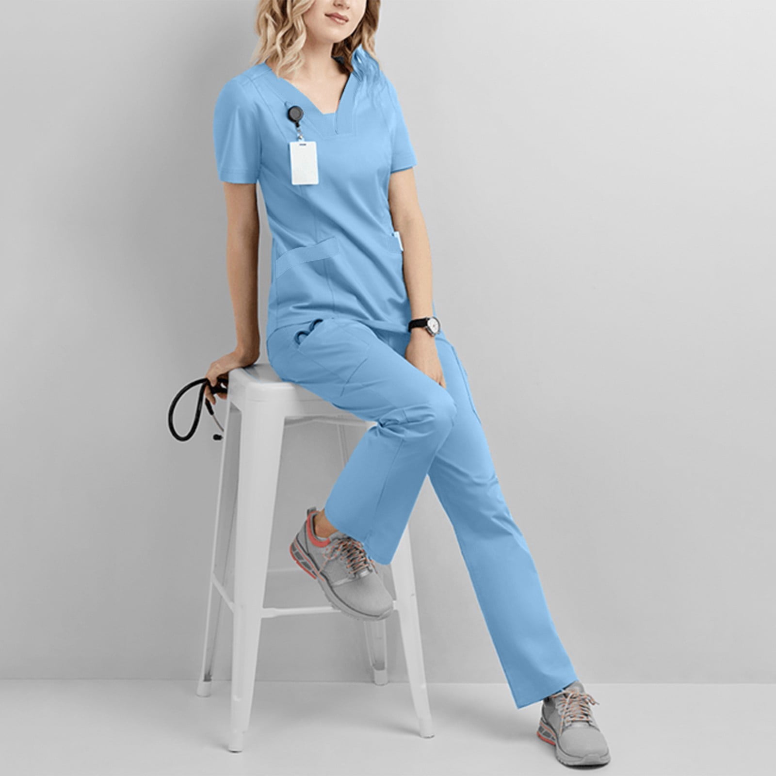 EHTMSAK Scrub Sets For Tall Women Solid Nursing Uniform Plus Size Scrub ...