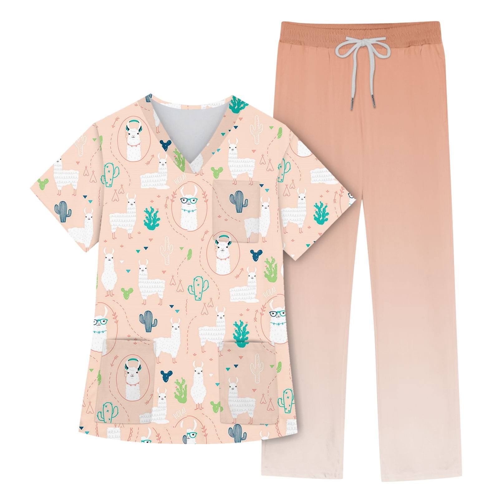 EHTMSAK Scrubs Sets for Women Pants Animal Printed V Neck Short Sleeve ...
