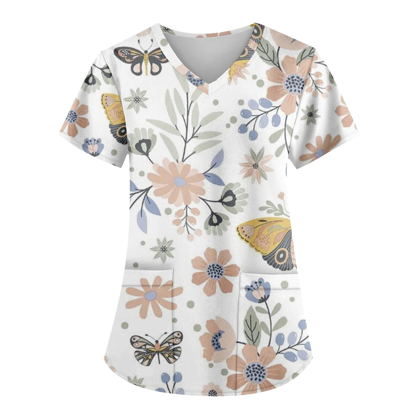 EHTMSAK Scrubs Tops for Women 4xi Floral with Pocket Summer Nurse Short ...