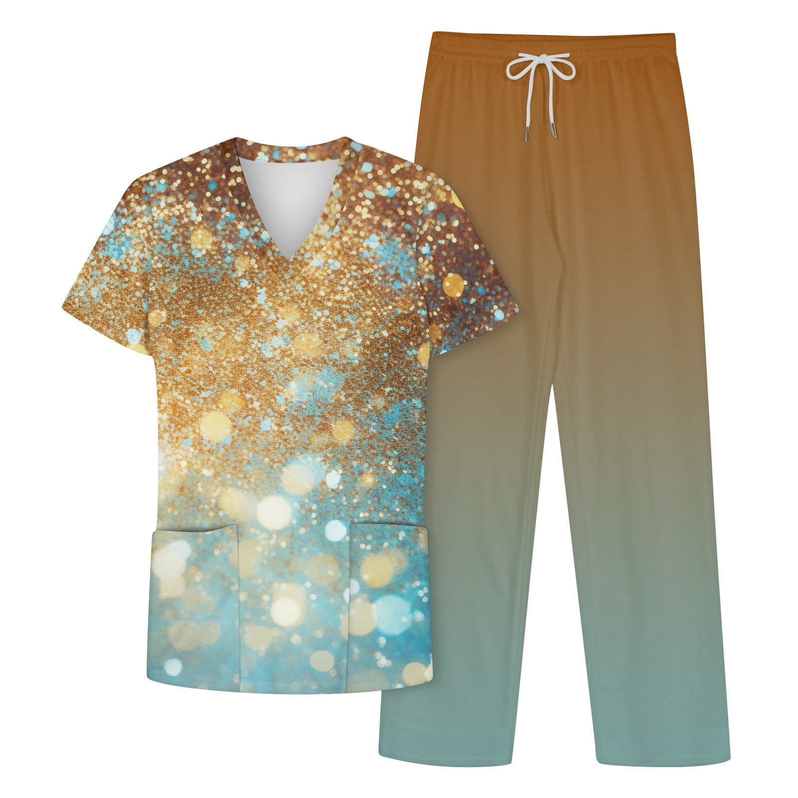 EHTMSAK Scrubs for Women Set Wide Leg Glitter Printed with Pockets ...