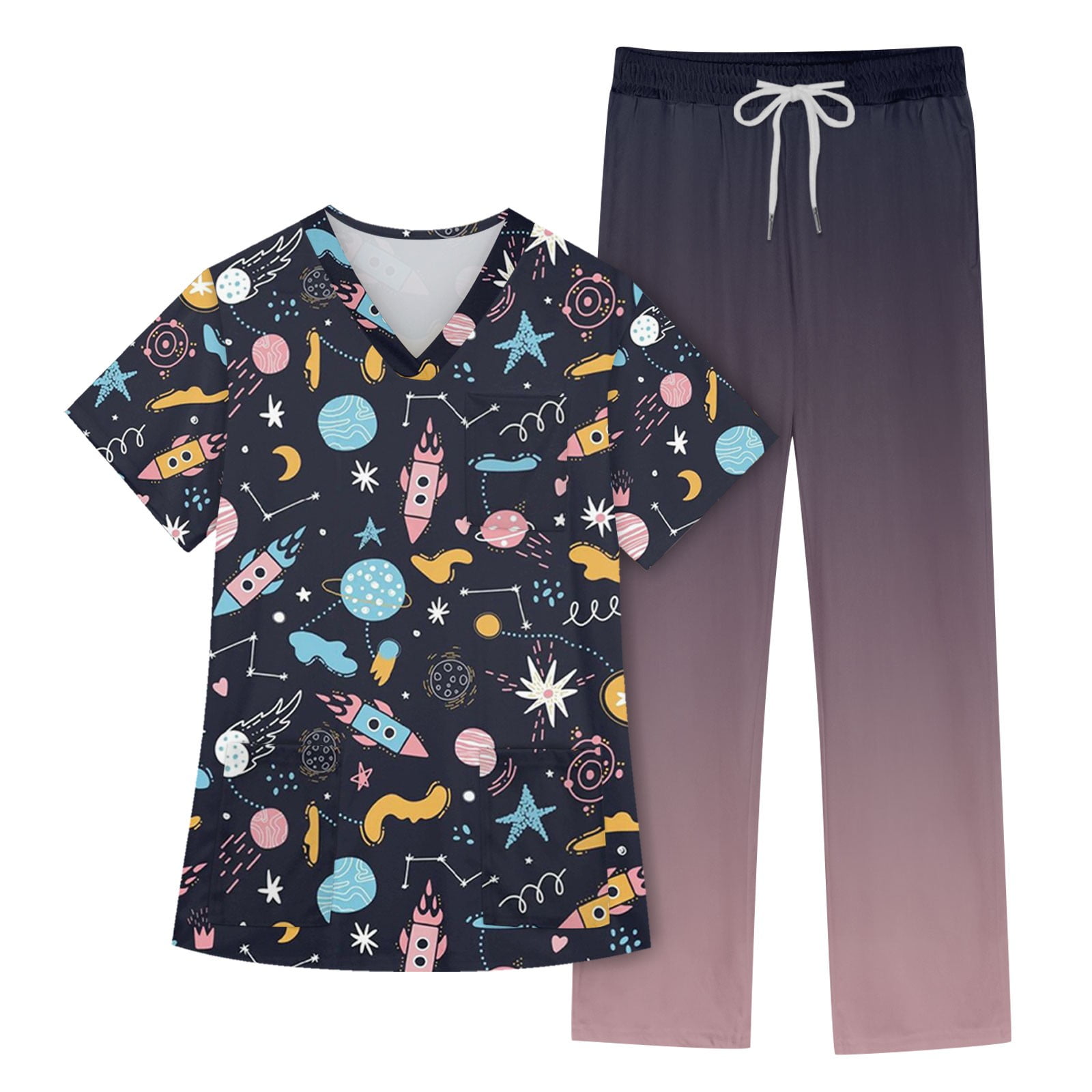 Ehtmsak Scrubs For Women Sets Cute Designs Cartoon Printed V Neck Short