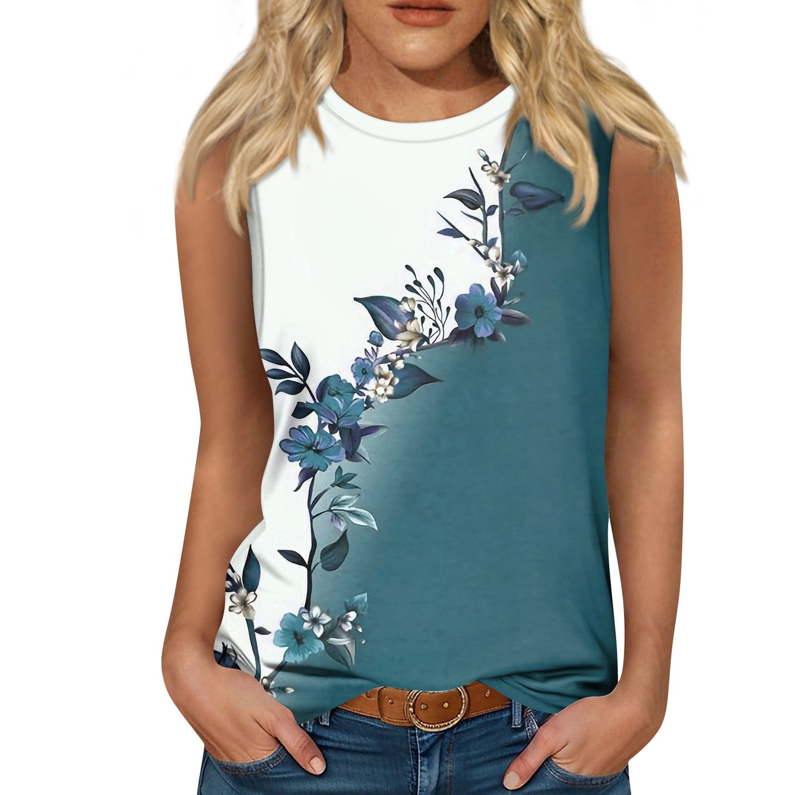 EHTMSAK Tank Top for Women Floral Flowers Summer Crew Neck T Shirt ...