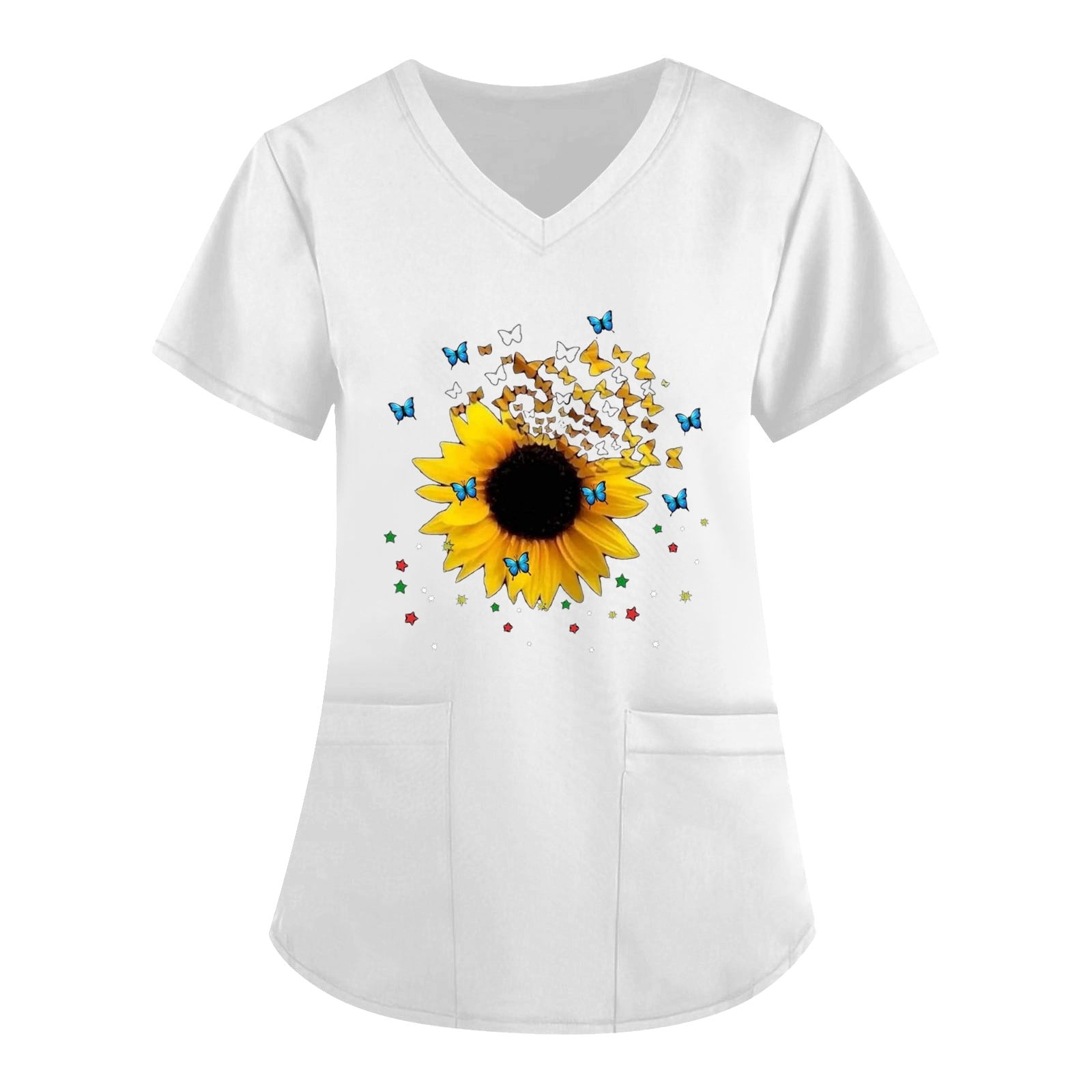 EHTMSAK Uniform Sunflower Scrubs Sets Women Flowers with Pocket Trendy ...
