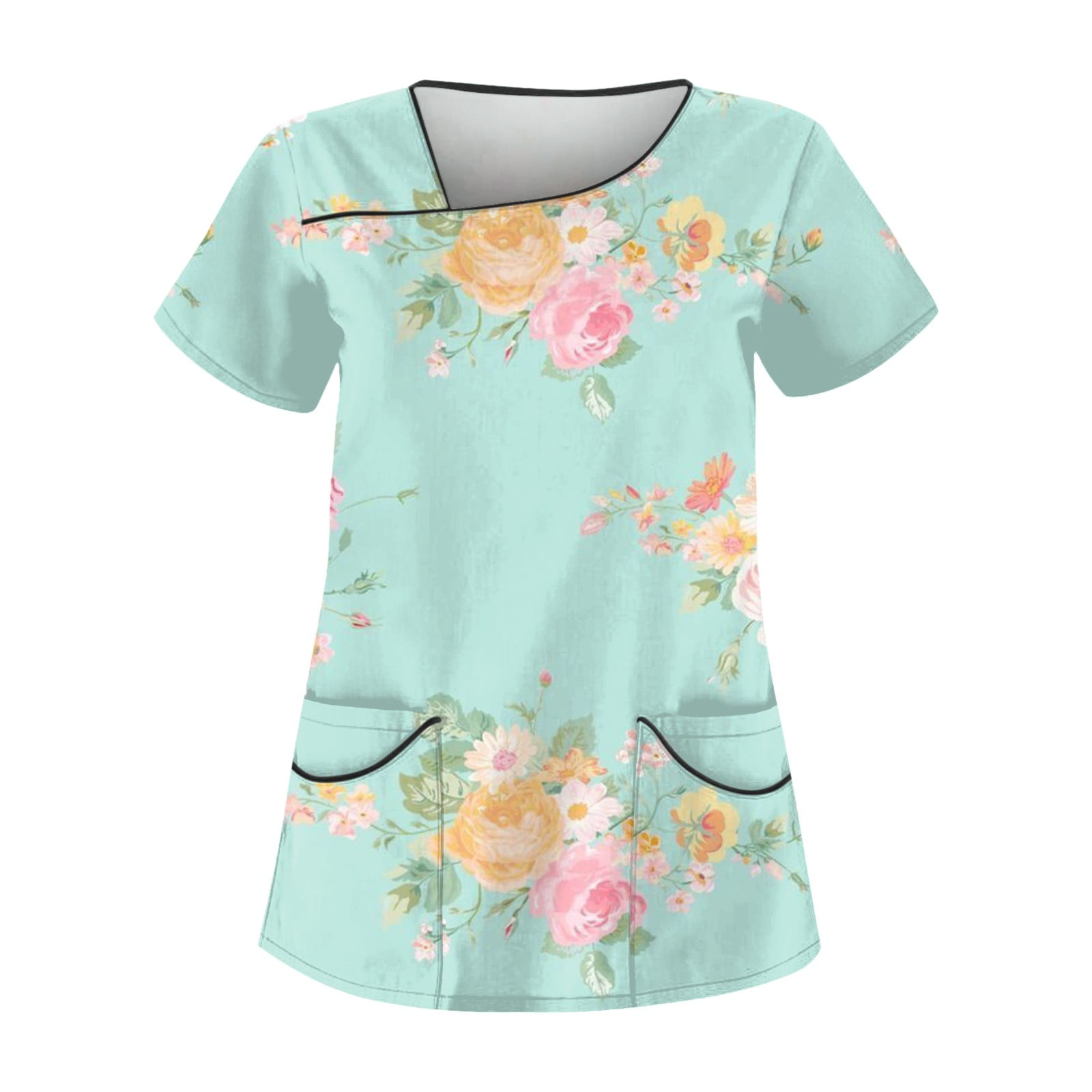 EHTMSAK Uniform Tops for Women Scrubs with Pocket Floral Classic Fit V ...