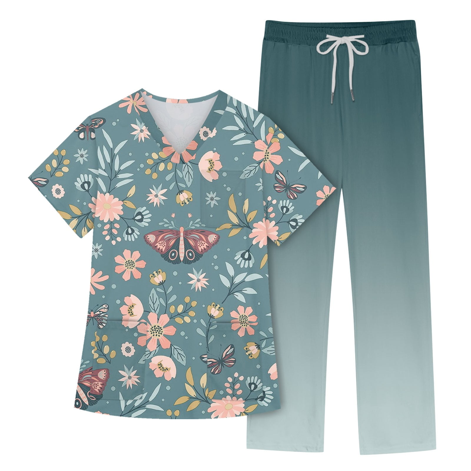 Ehtmsak Uniforms Scrubs For Women Set Butterfly Floral Flower Printed