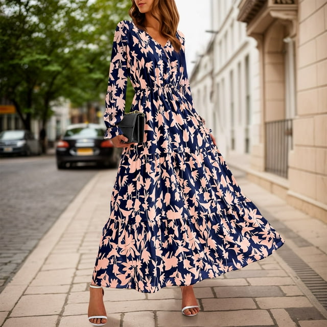 EHTMSAK Women Fall Dresses 2024 Casual Long Sleeve V Neck Maxi Dresses ...