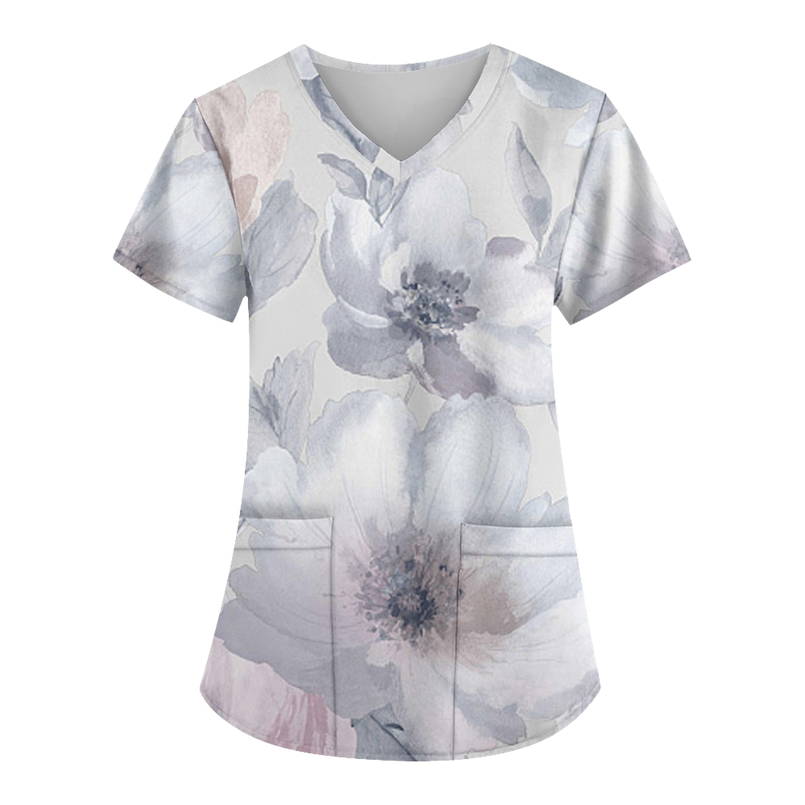 EHTMSAK Women Scrub Tops Floral with Pocket Summer Nurse Short Sleeve V ...