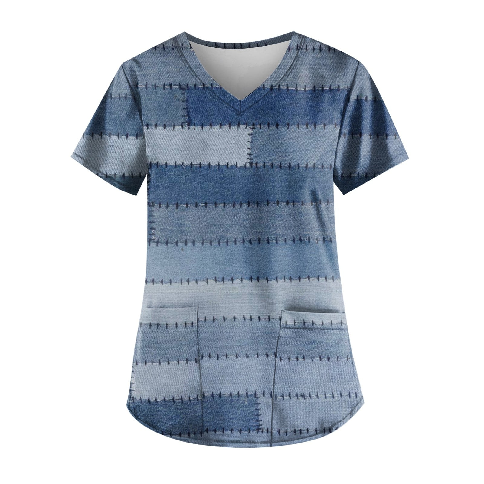 EHTMSAK Women's Denim Print Scrub Set Uniform Color Block Short Sleeve ...