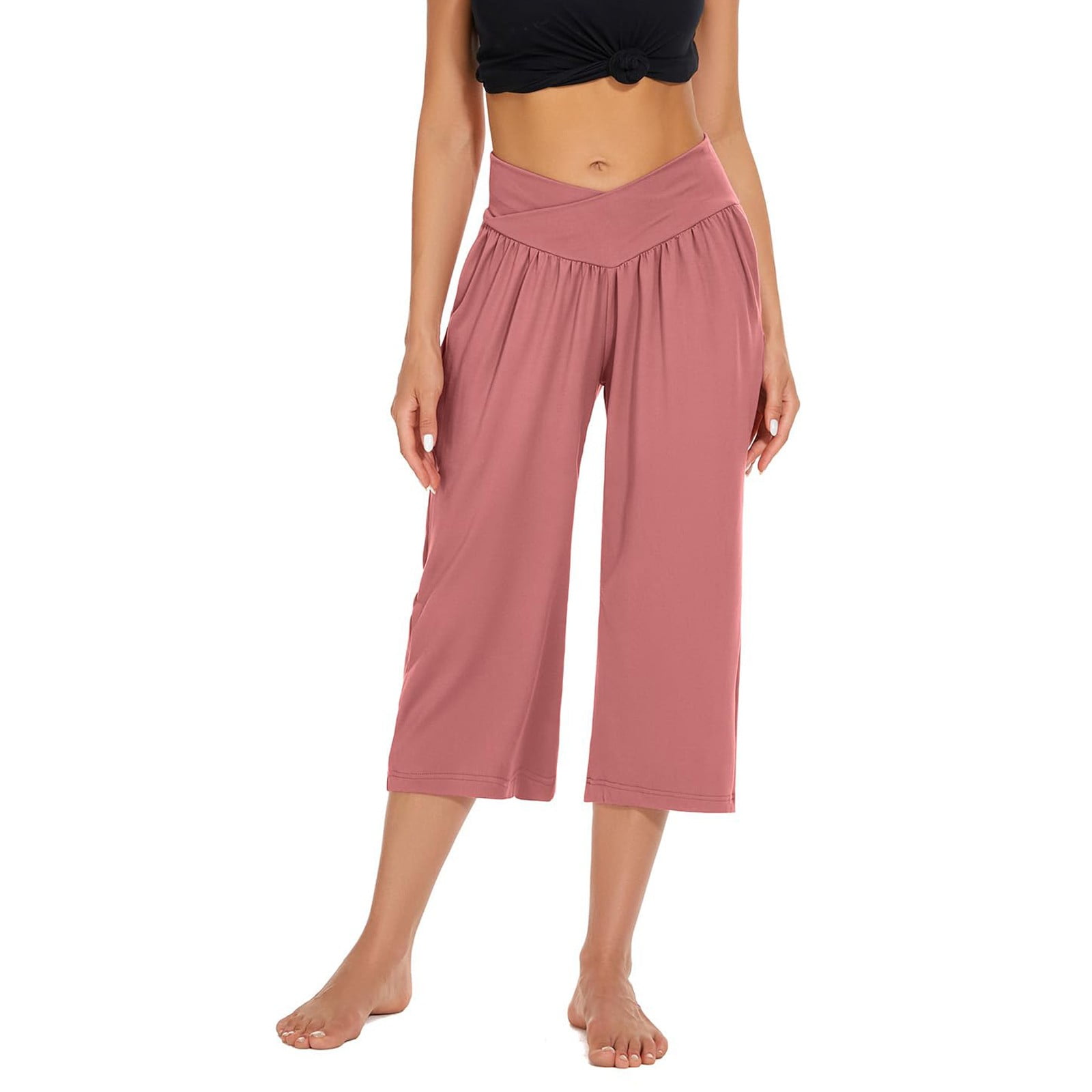 Ehtmsak Womens Wide Leg Yoga Pants Capris Crossover High Waist Crop
