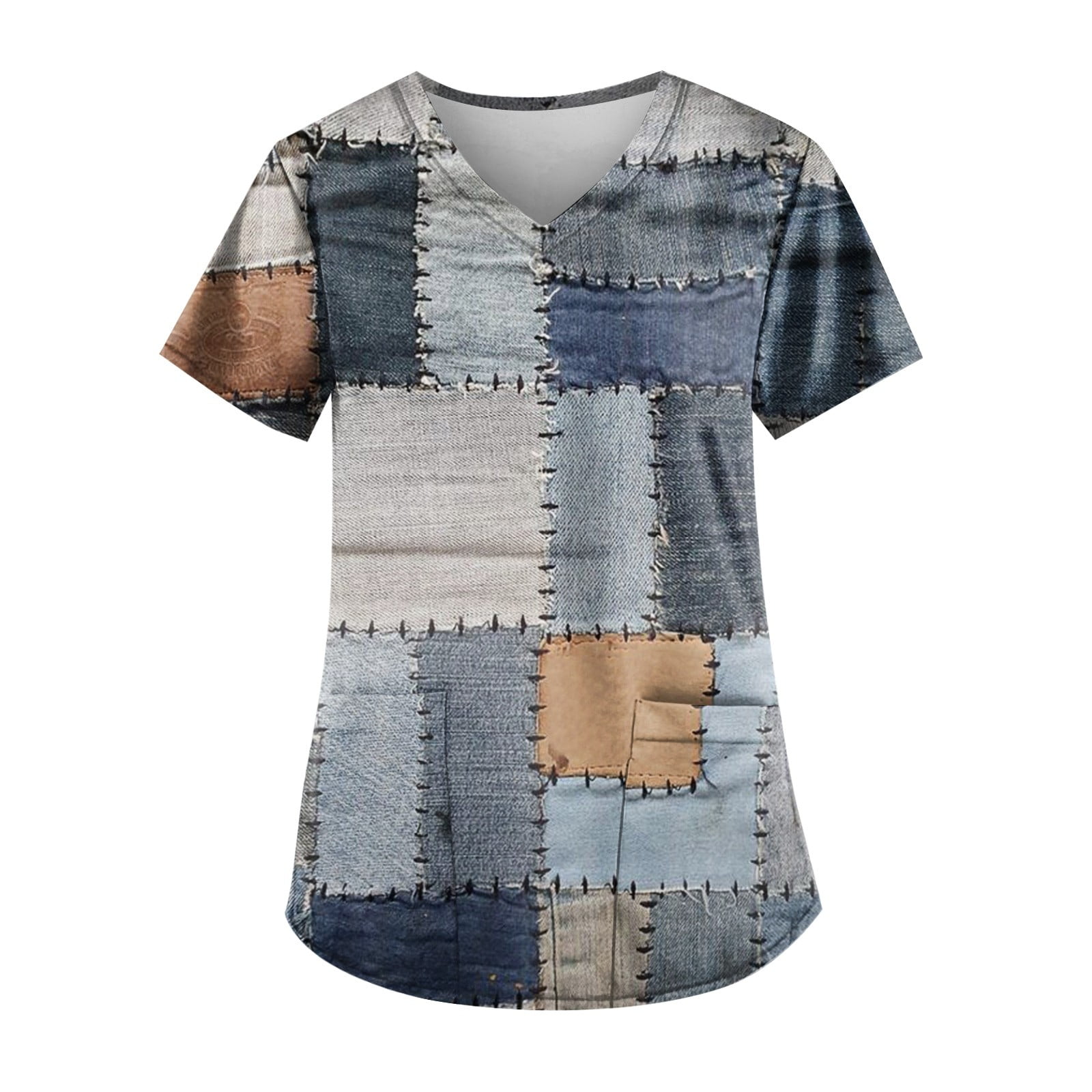 EHTMSAK Womens Denim Print Scrubs Sets Stretchy Petite Color Block with ...