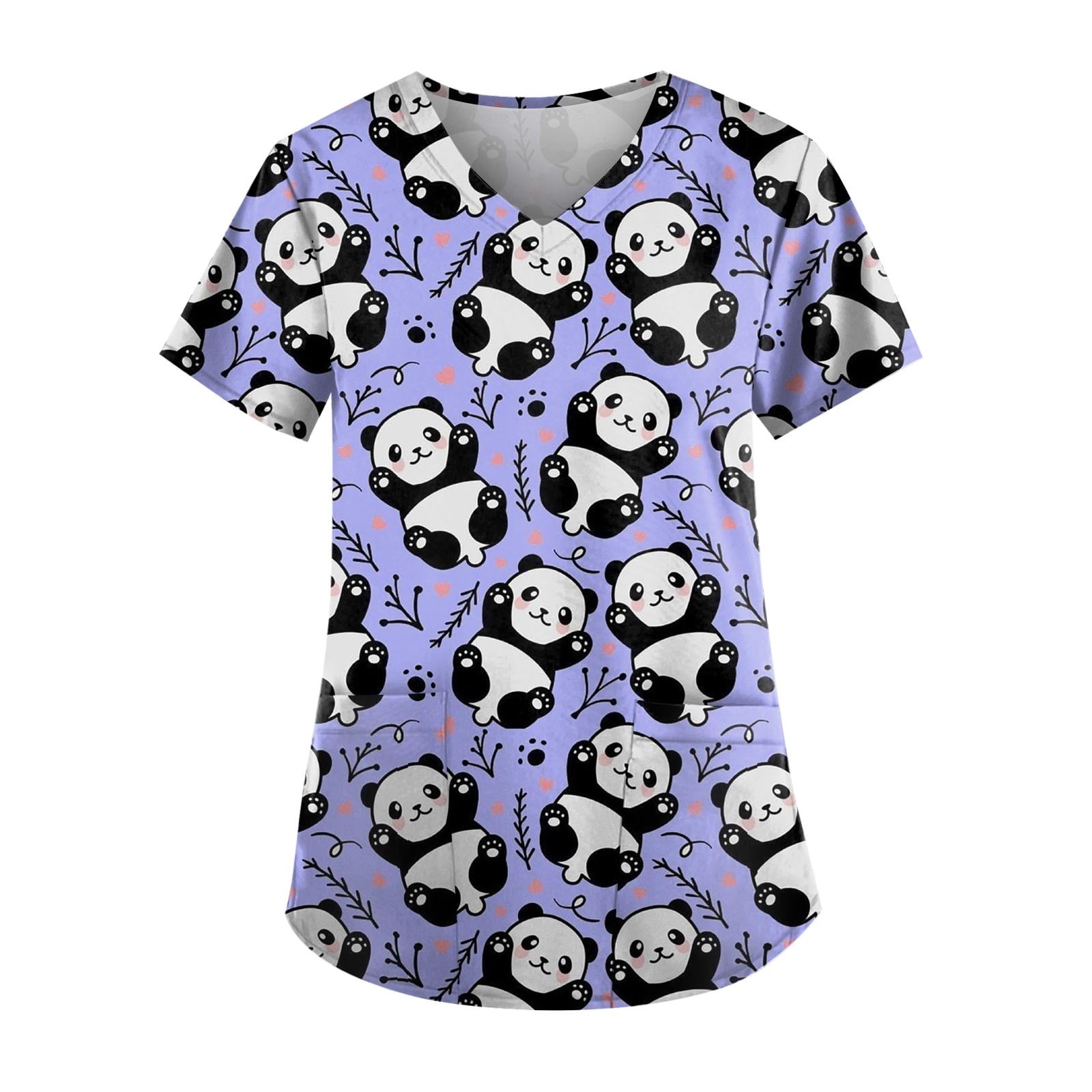 EHTMSAK Womens Panda Scrub Tops Plus Size Cartoon Casual V Neck with ...