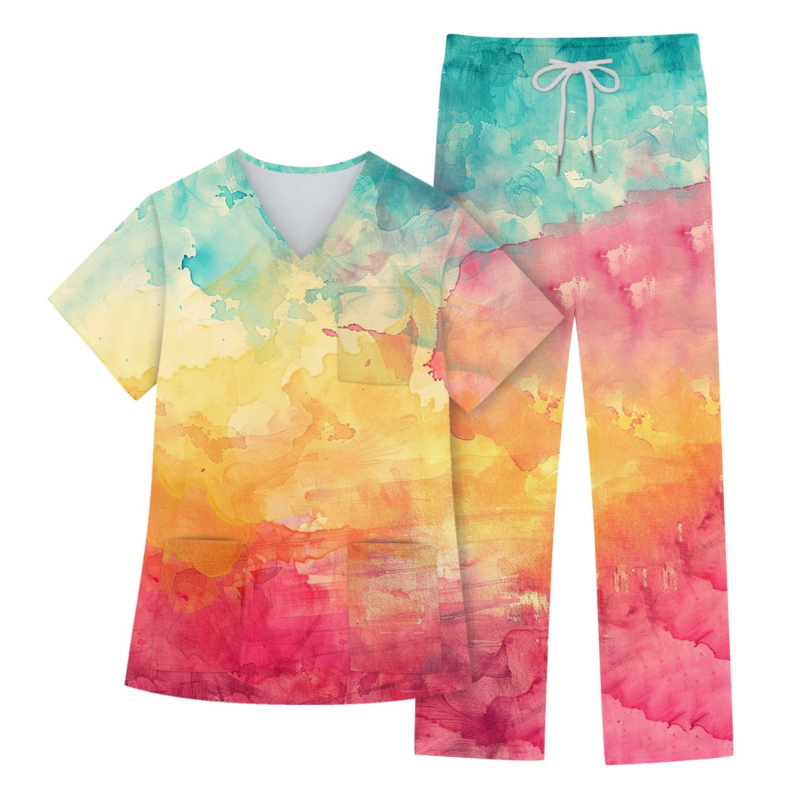 EHTMSAK Womens Scrub Sets Light Tie Dye Nursing Uniform Medical V Neck ...